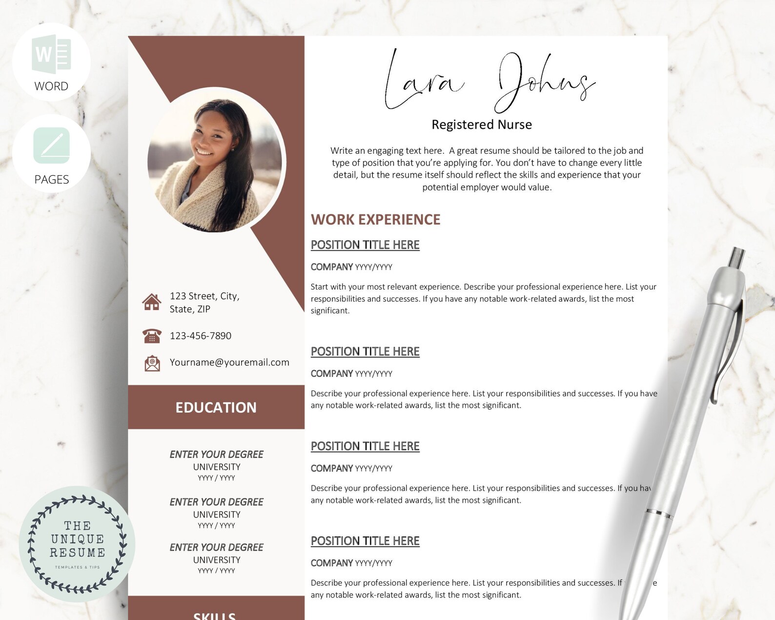 Beige & Brown Modern Resume Template Word, Pages Compatible - Etsy