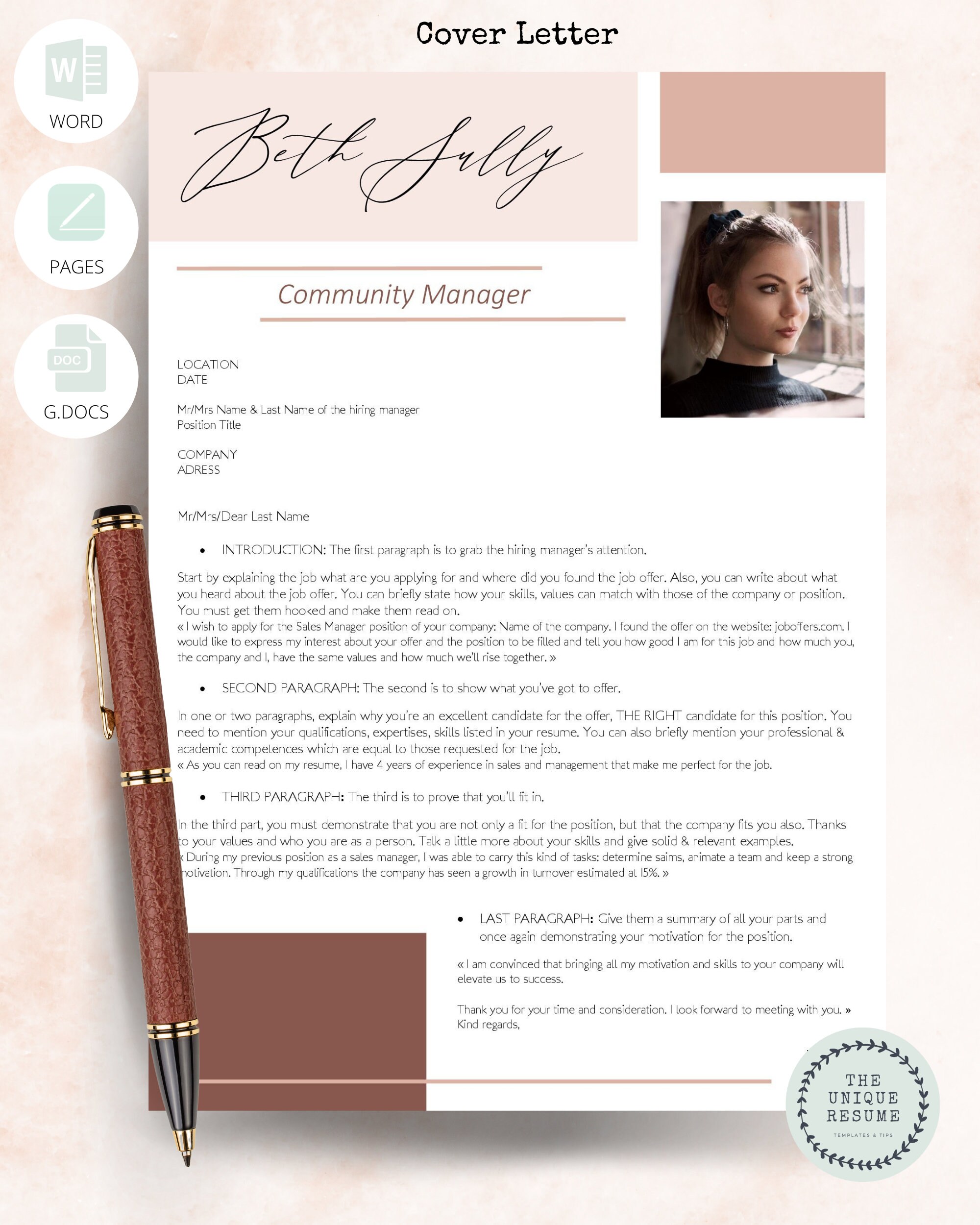 Boho Pink Resume Template CV Template for Google Docs, Word and Mac ...