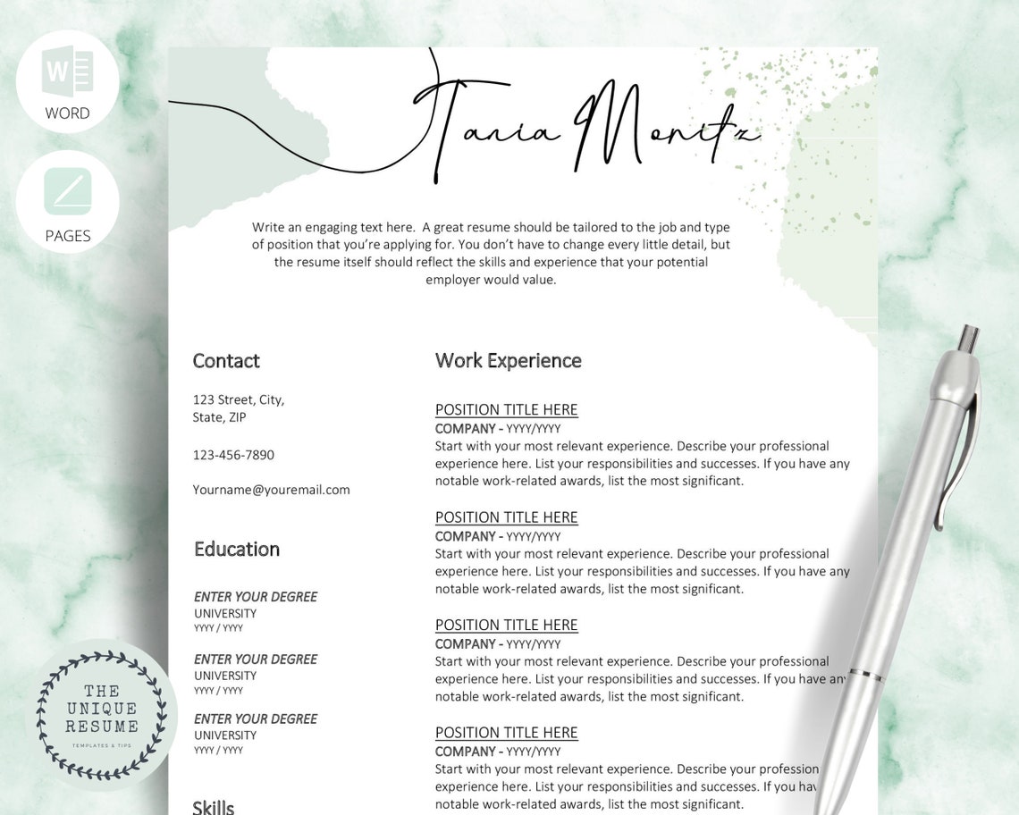 Green CV Resume Template for MS Word and MAC Pages Cv Template Without ...