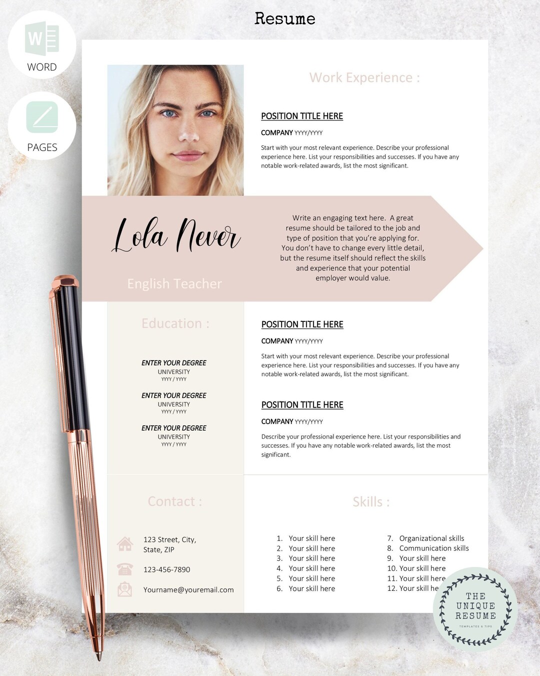 Pink Resume Template for Word, Pages Creative and Modern CV, Resume ...