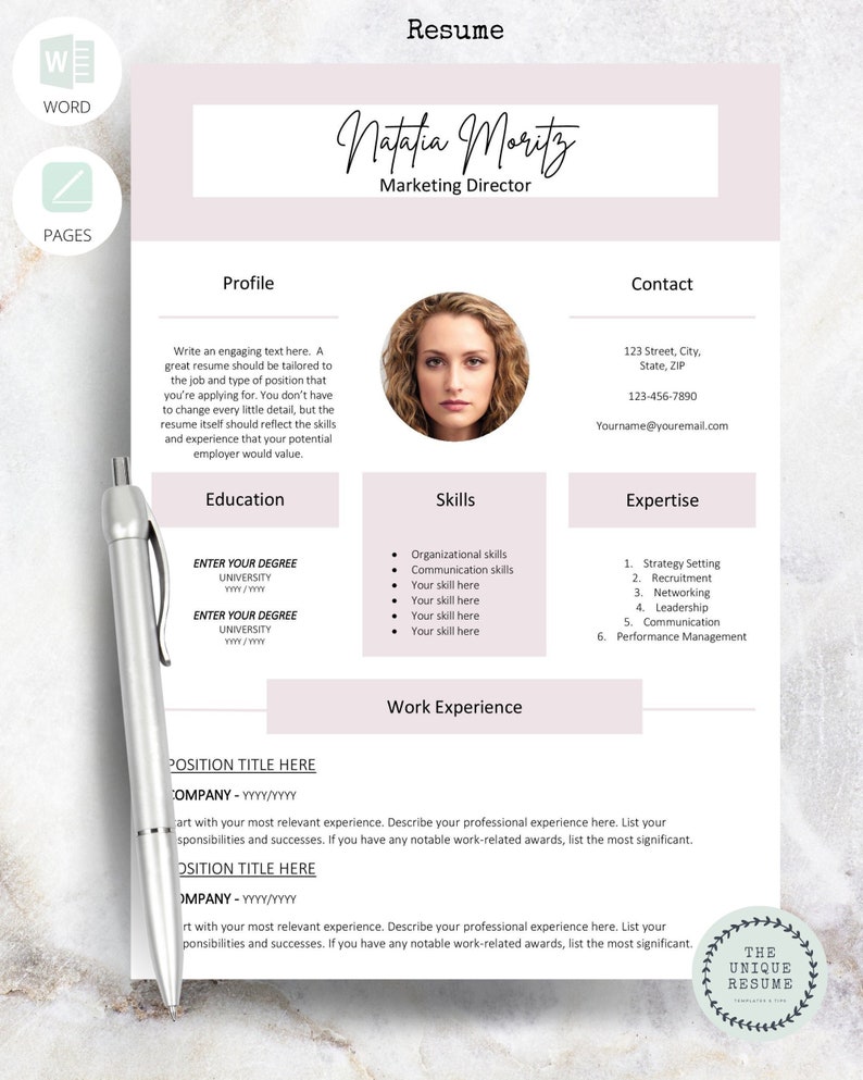 Pink Resume Template for Word & Pages Modern and Creative CV Template ...