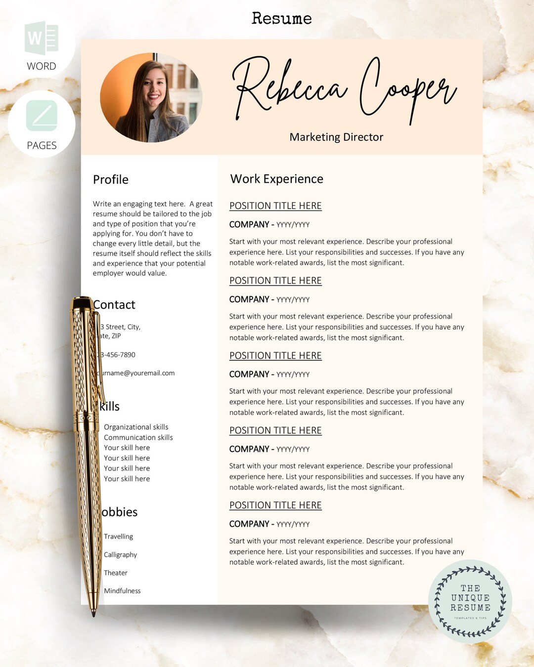 Orange CV Resume Template for MS Word & MAC Pages Cv Template With ...