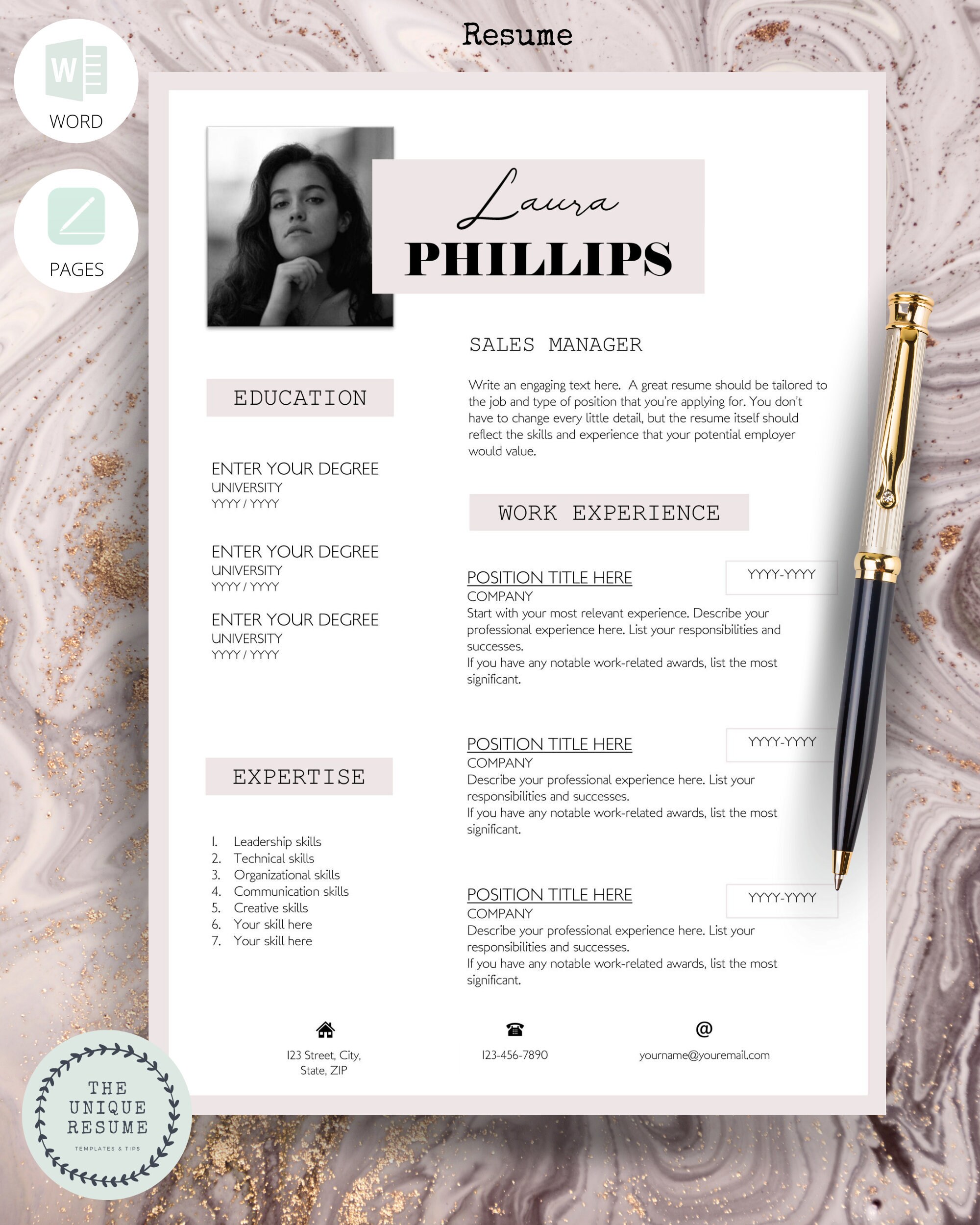 Pink Chic Resume Template for Mac & Word CV Template for Working Woman ...