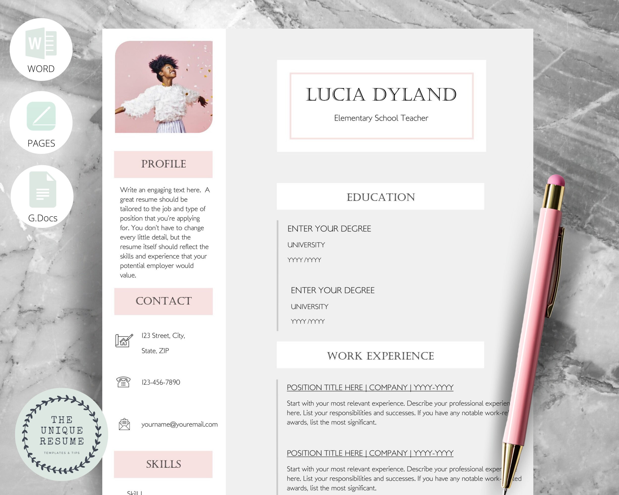 Pink & Grey Simple Resume Template for Word, Pages, Google Docs - Etsy