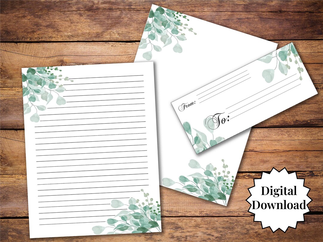 Printable Stationary Template Set Green Leaves Writing Paper 8.5x11 ...