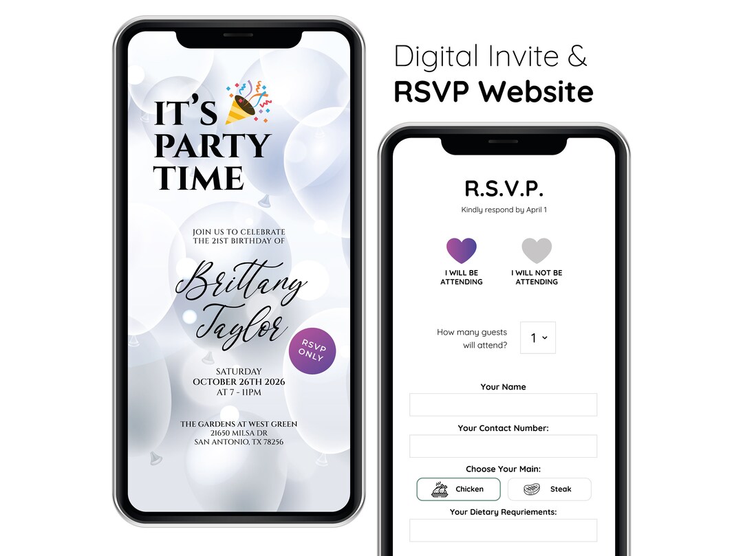 Digital Party Invitation & RSVP - Mini Website - Confetti - Elegant ...
