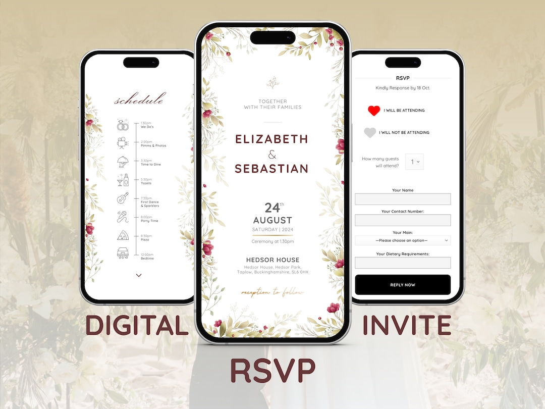 Digital RSVP Wedding Invitation and Online RSVP Invite Red Rose Floral ...