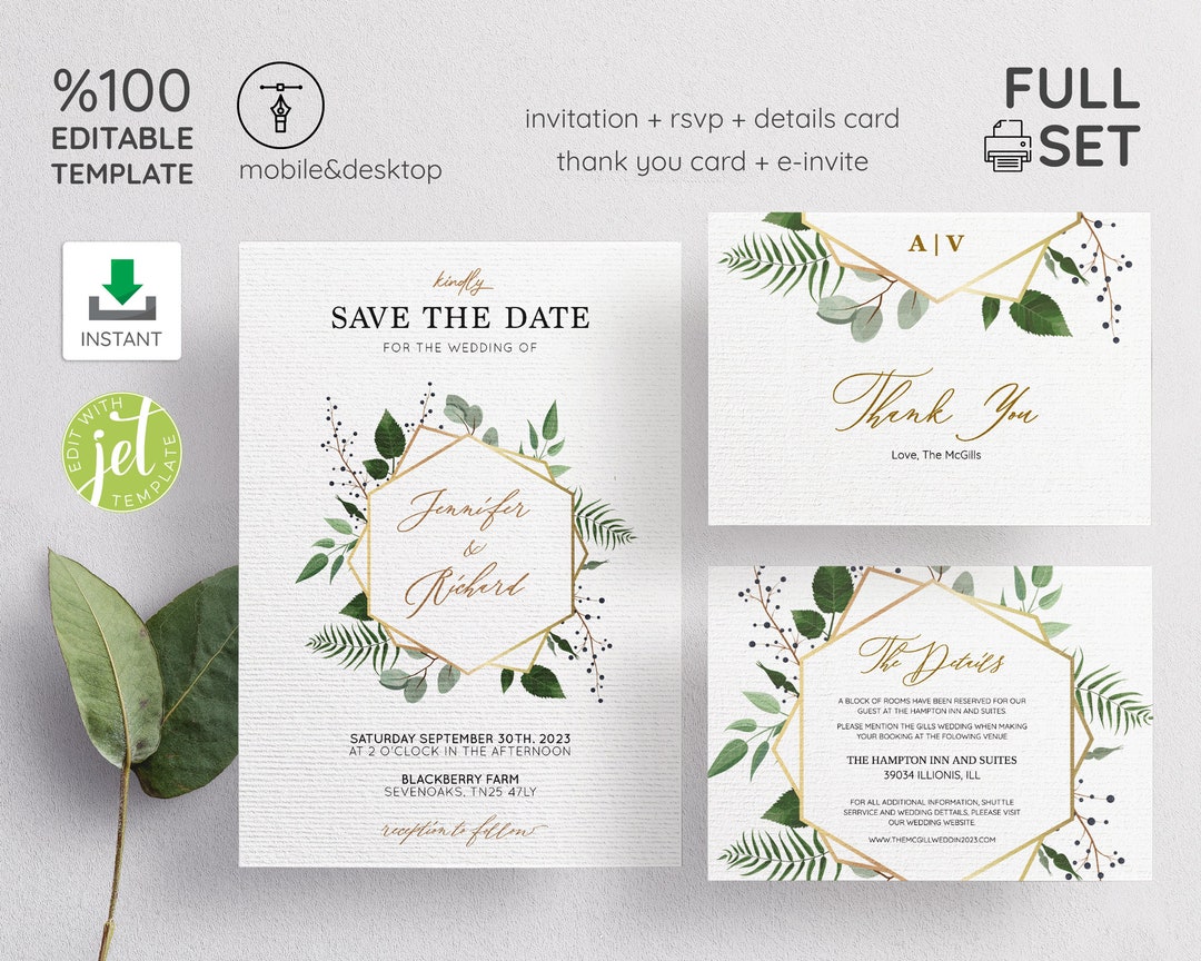Greenery Wedding Invitation Template, Printable Wedding Invitation ...