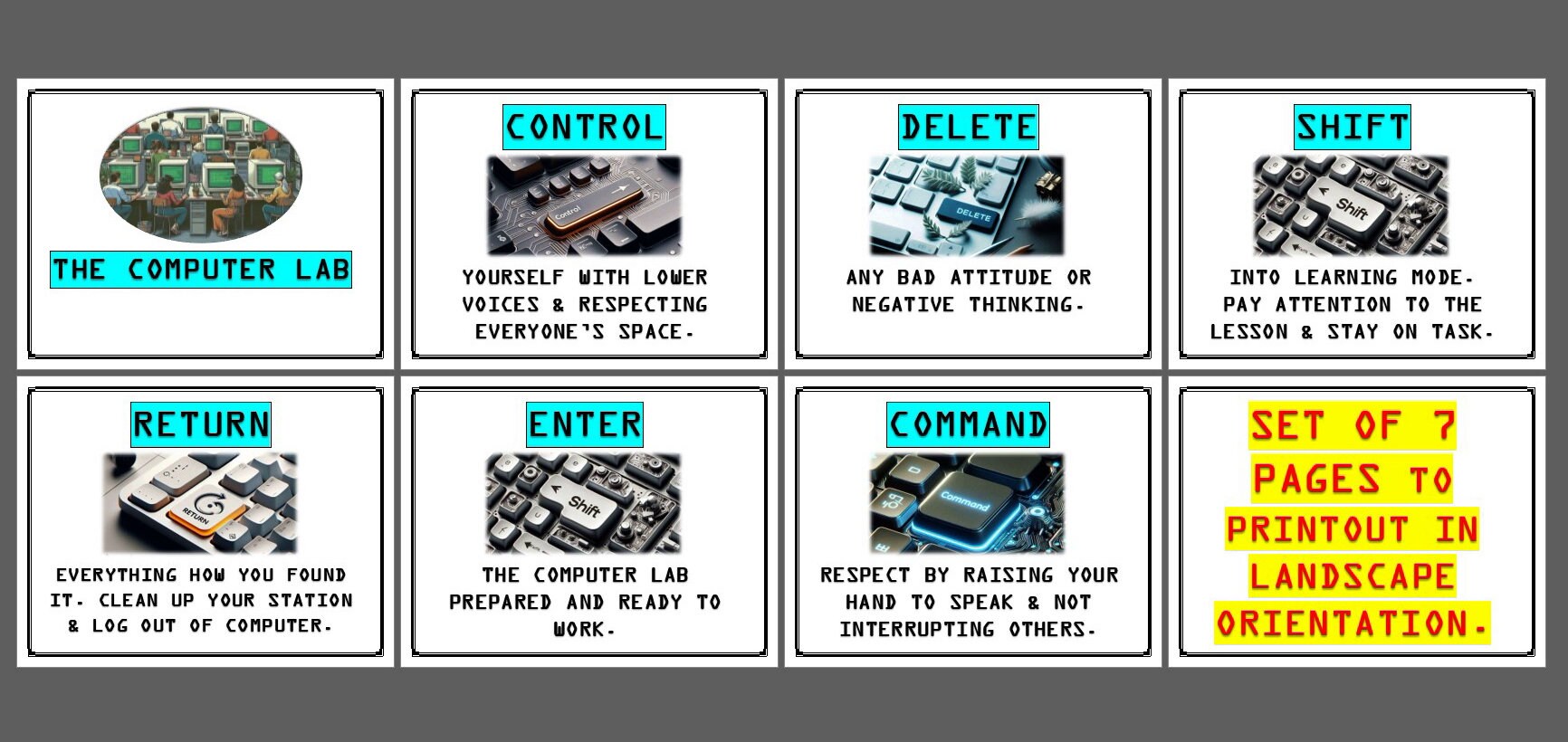 Computer Lab Poster Set, Classroom Decor, Set of 7 Computers Class ...