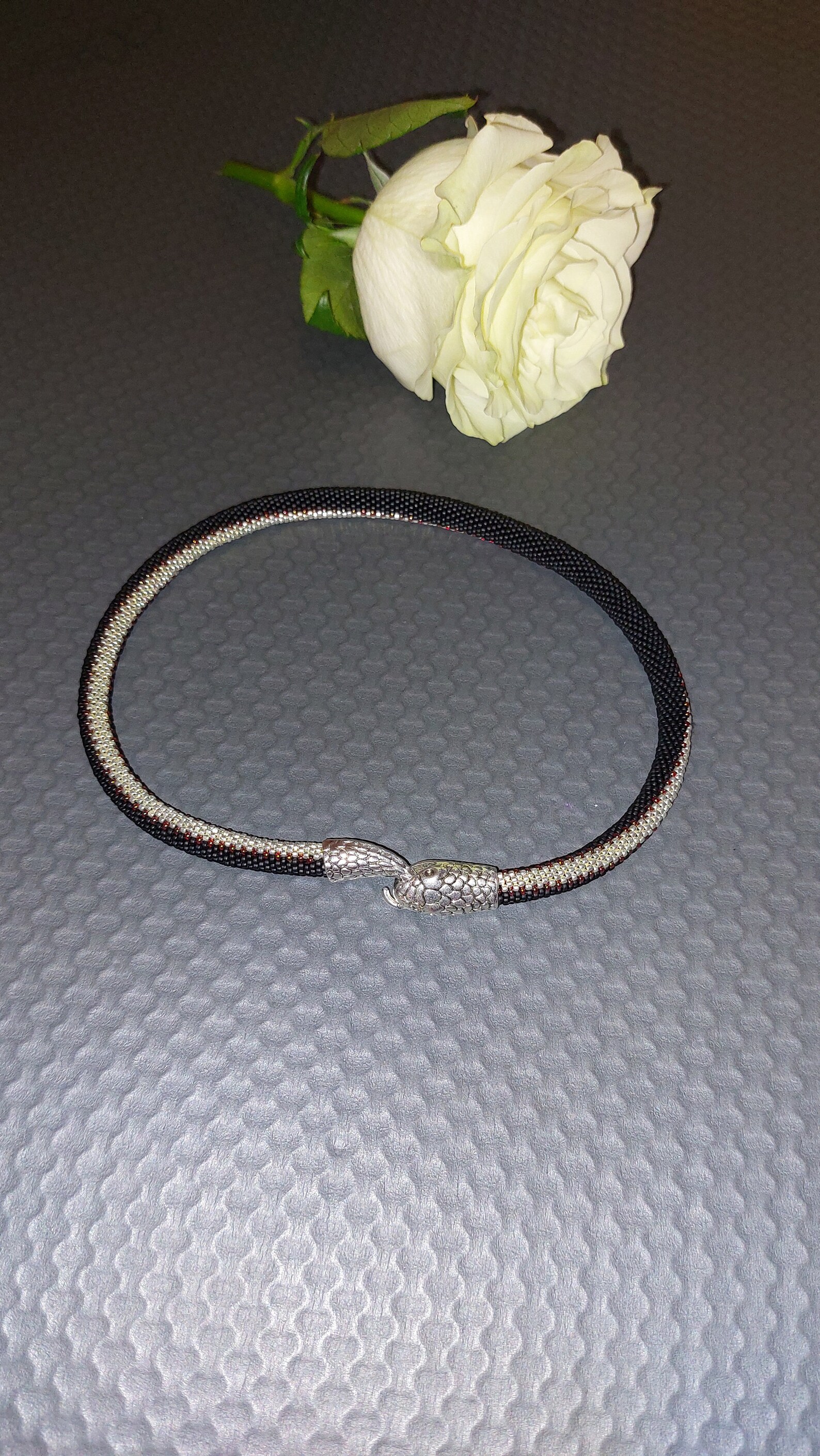 Snake Necklace Black Silver Snake Necklace Beaded Ouroboros Snake ...