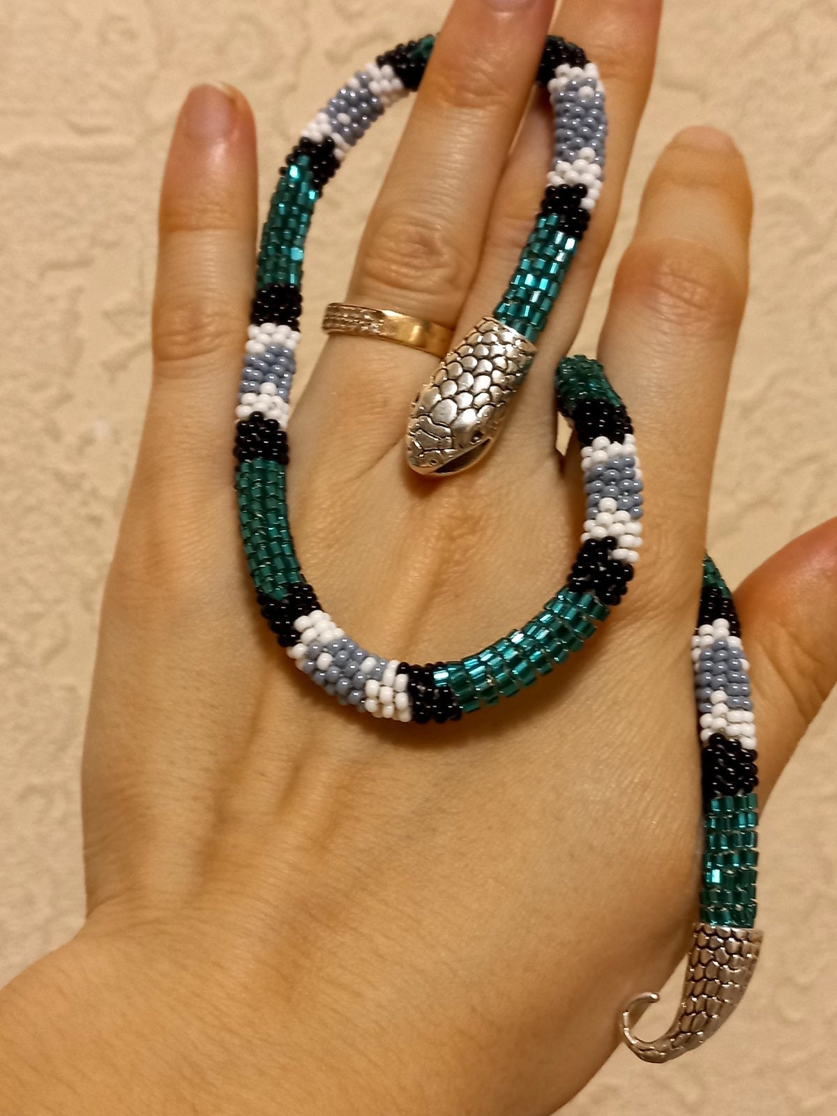 Turguoise White Seed Beaded Snake Necklace Emerald Snake Choker Necklace Handmade Choker ...