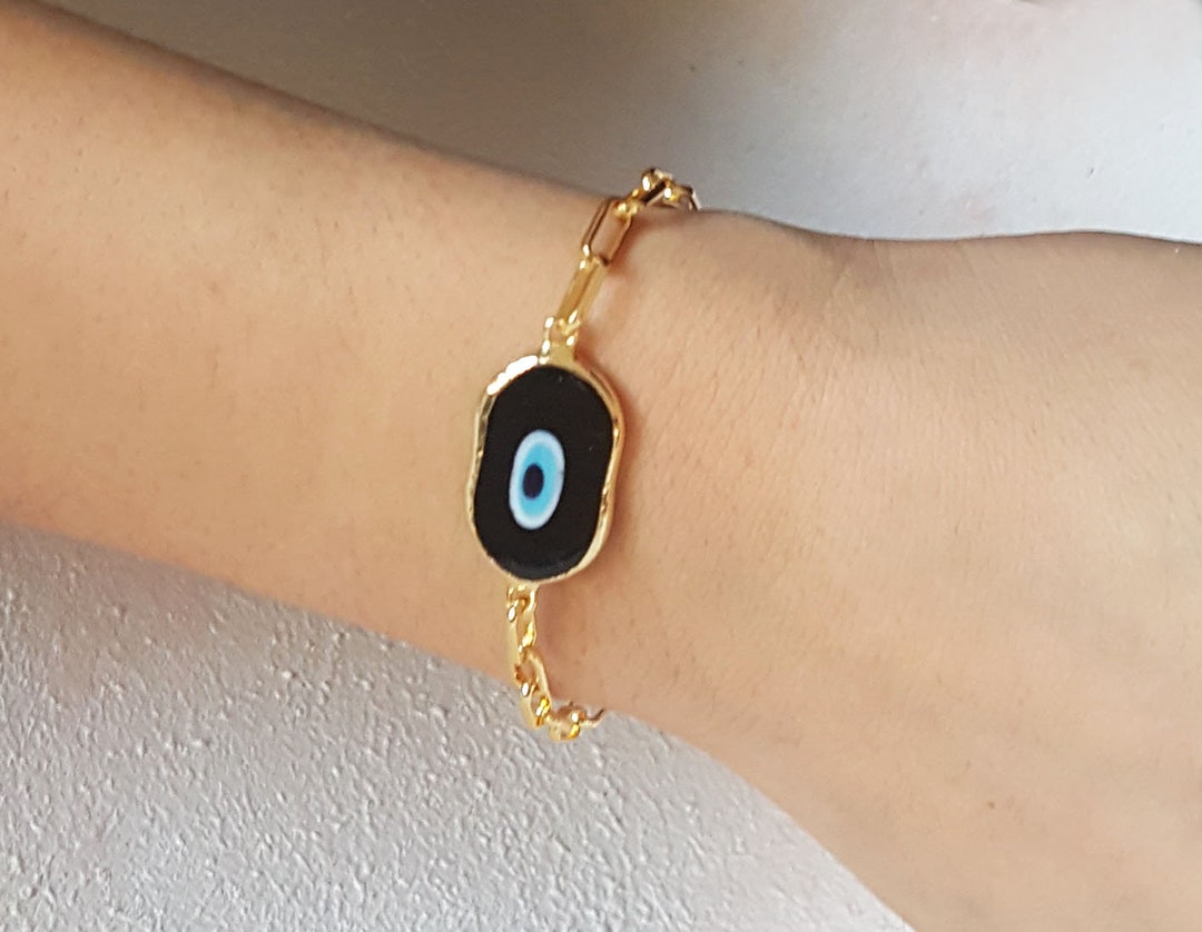 Gold Chain Bracelet, Evil Eye Bracelet, Gold Paperclip Chain, Black ...