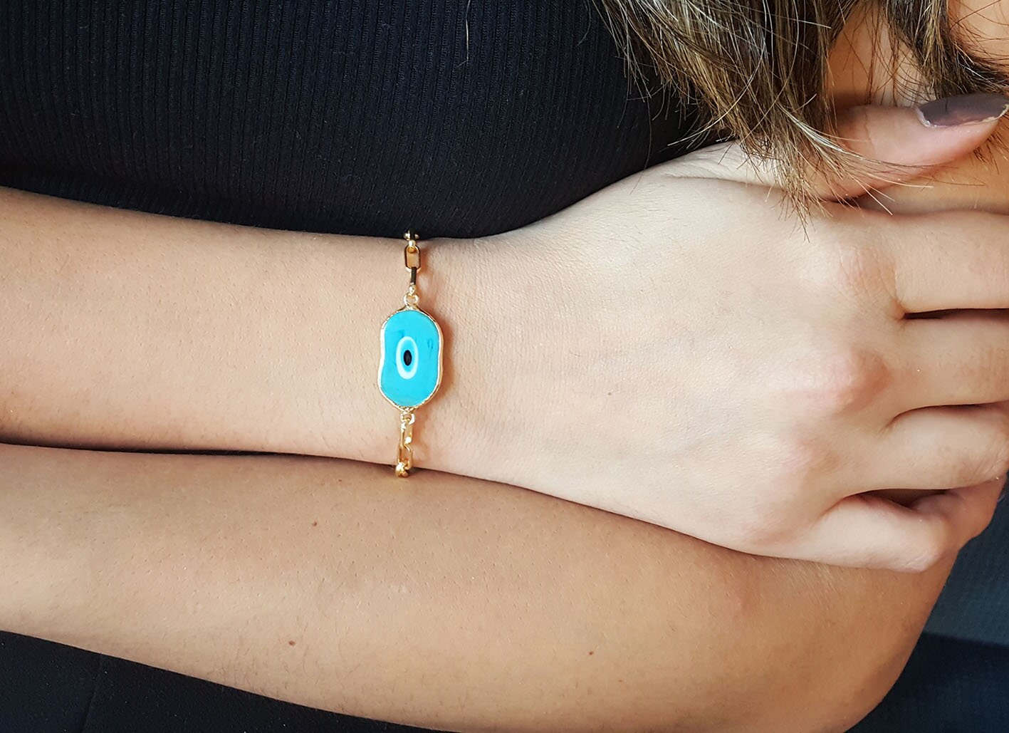 Gold Chain Bracelet, Evil Eye Bracelet, Gold Paperclip Chain, Black ...