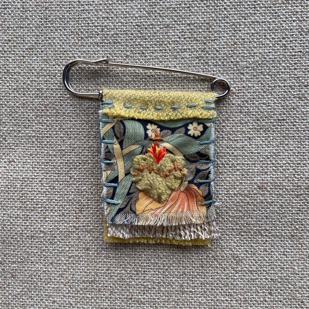 Hand Stitched Sacred Heart Brooch: Embroidered Textile Pin - Etsy