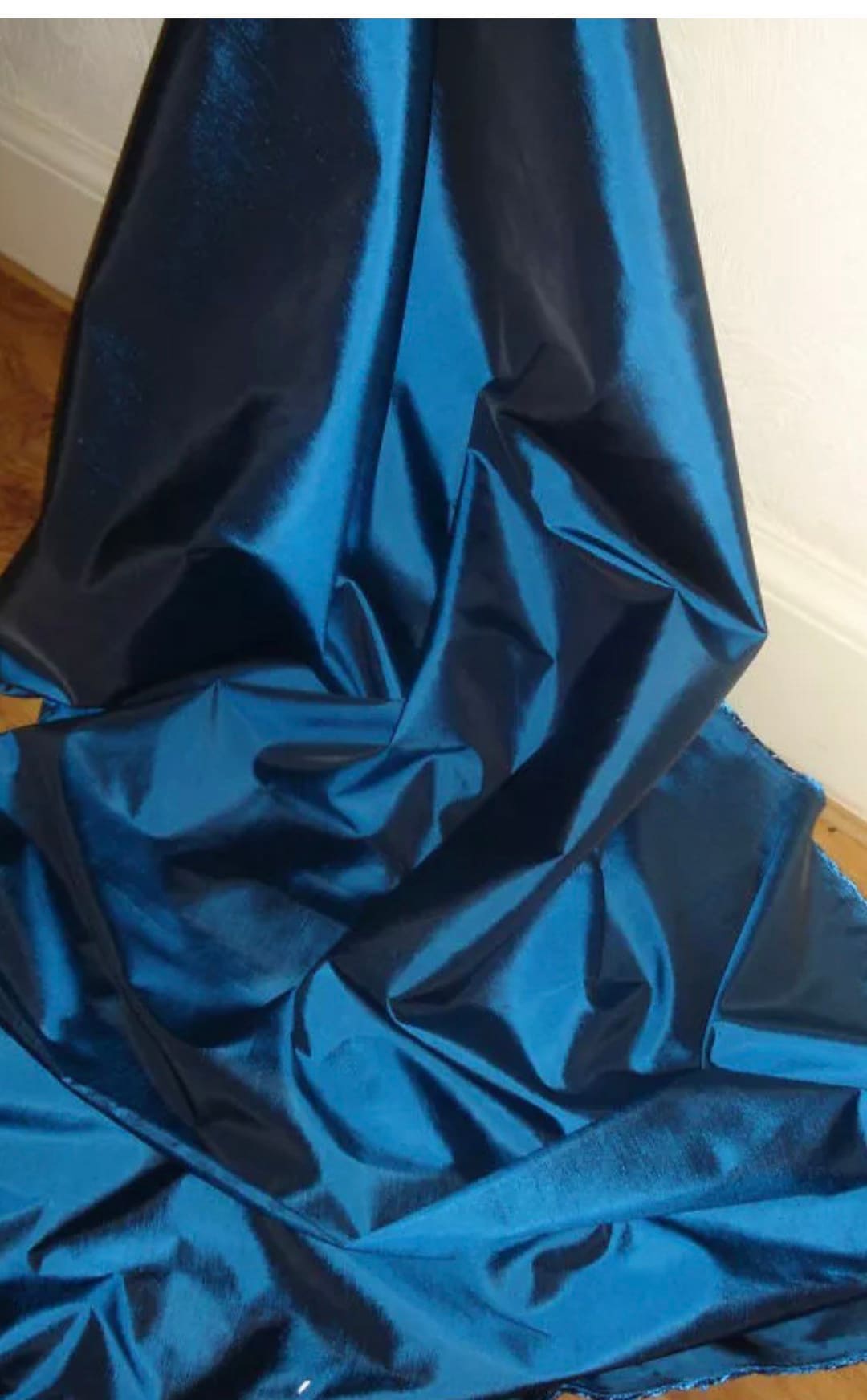 1m Metallic Blue Colour Taffeta Fabric Silky Bridal Dress Polyester ...