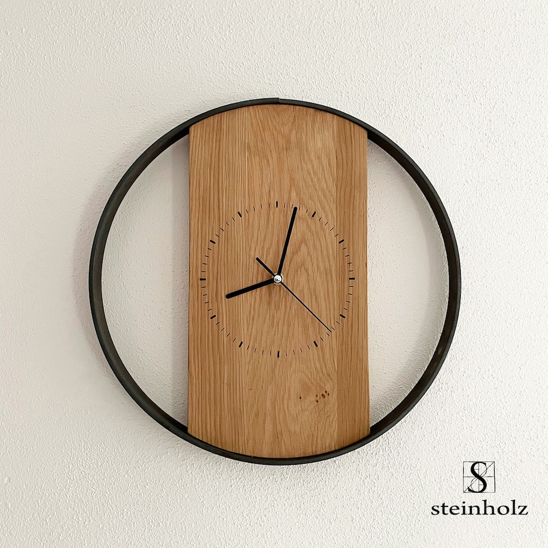 Wall Clock Made of Oak and Metal, Handmade, Unique, Eye-catcher ...
