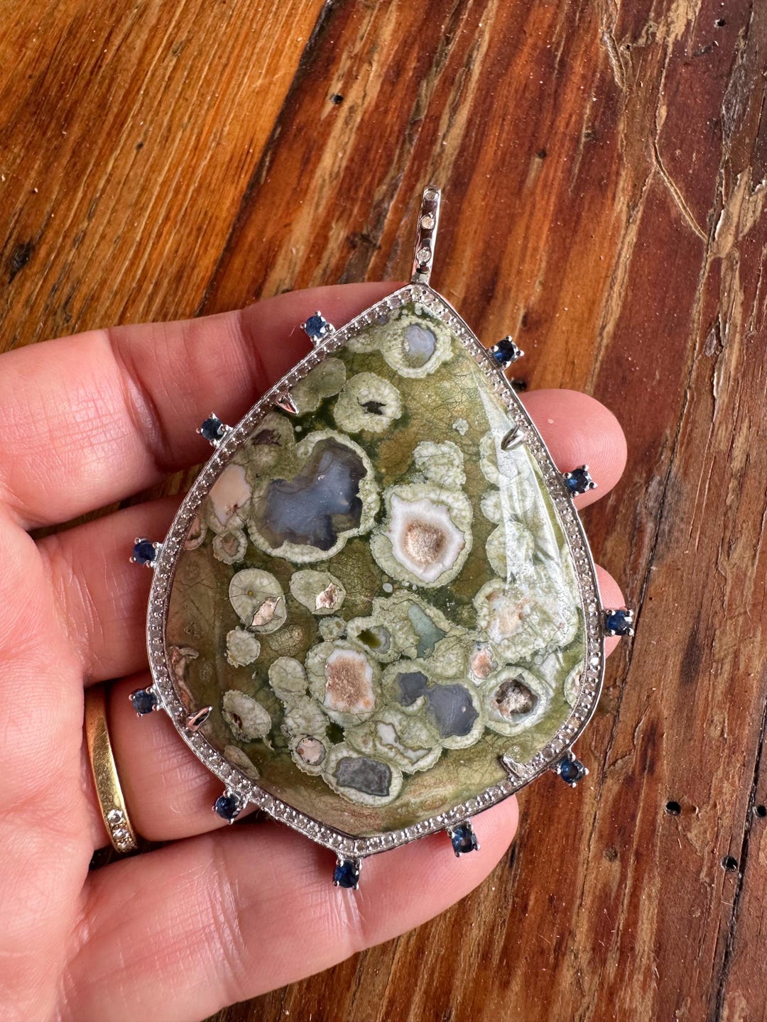 Australian Rainforest Jasper With Blue Sapphires and Diamonds Pendant ...