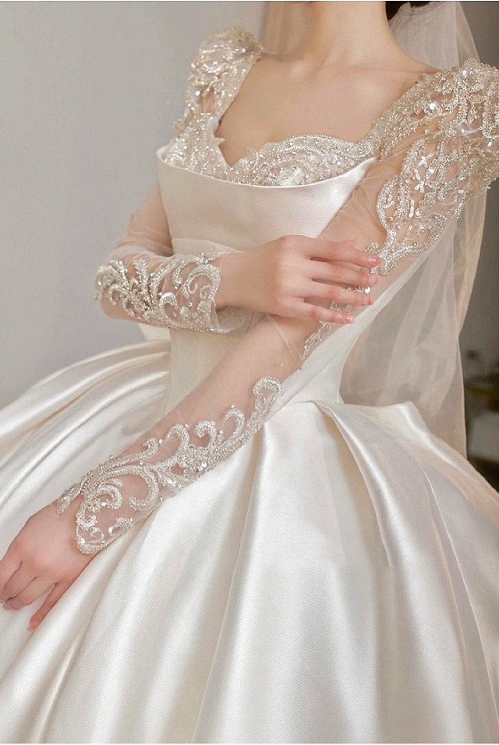 Satin Luxury Wedding Dresses Elegant Illusion O Neck, Applique Sequined ...