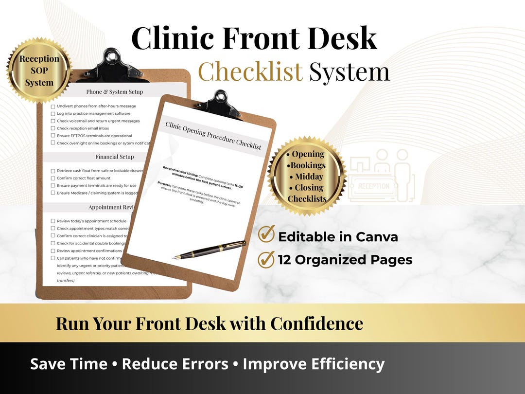 Clinic Front Desk Checklist System | Medical Reception SOP Template ...