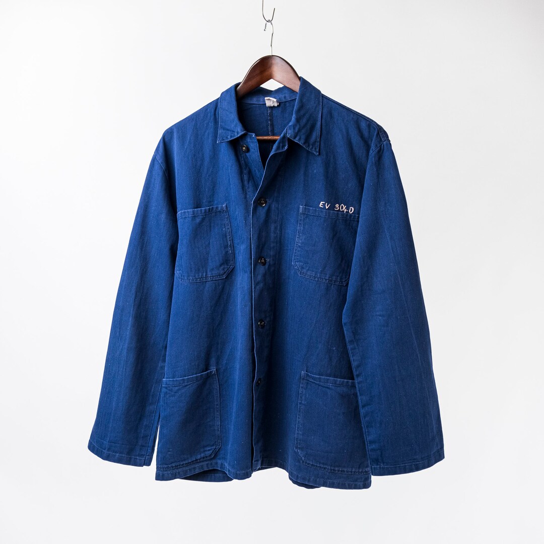 Vintage 70s French Faded Blue Chore Coat Unisex Bright Cotton Utility ...