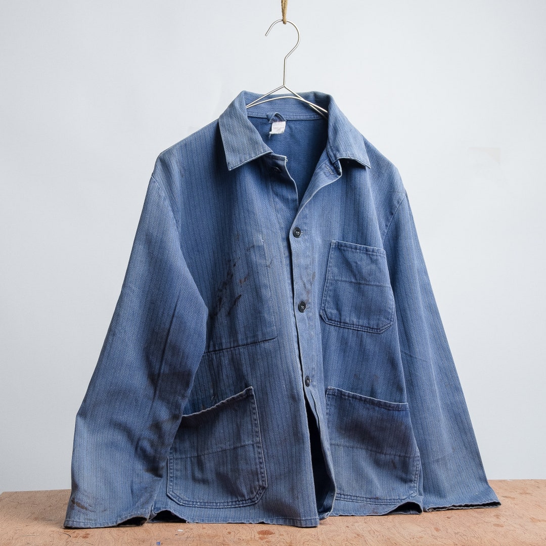 Vintage French Chore Jacket Faded Blue Herringbone Twill Canvas Workers Coat 1960s 60s HBT ...