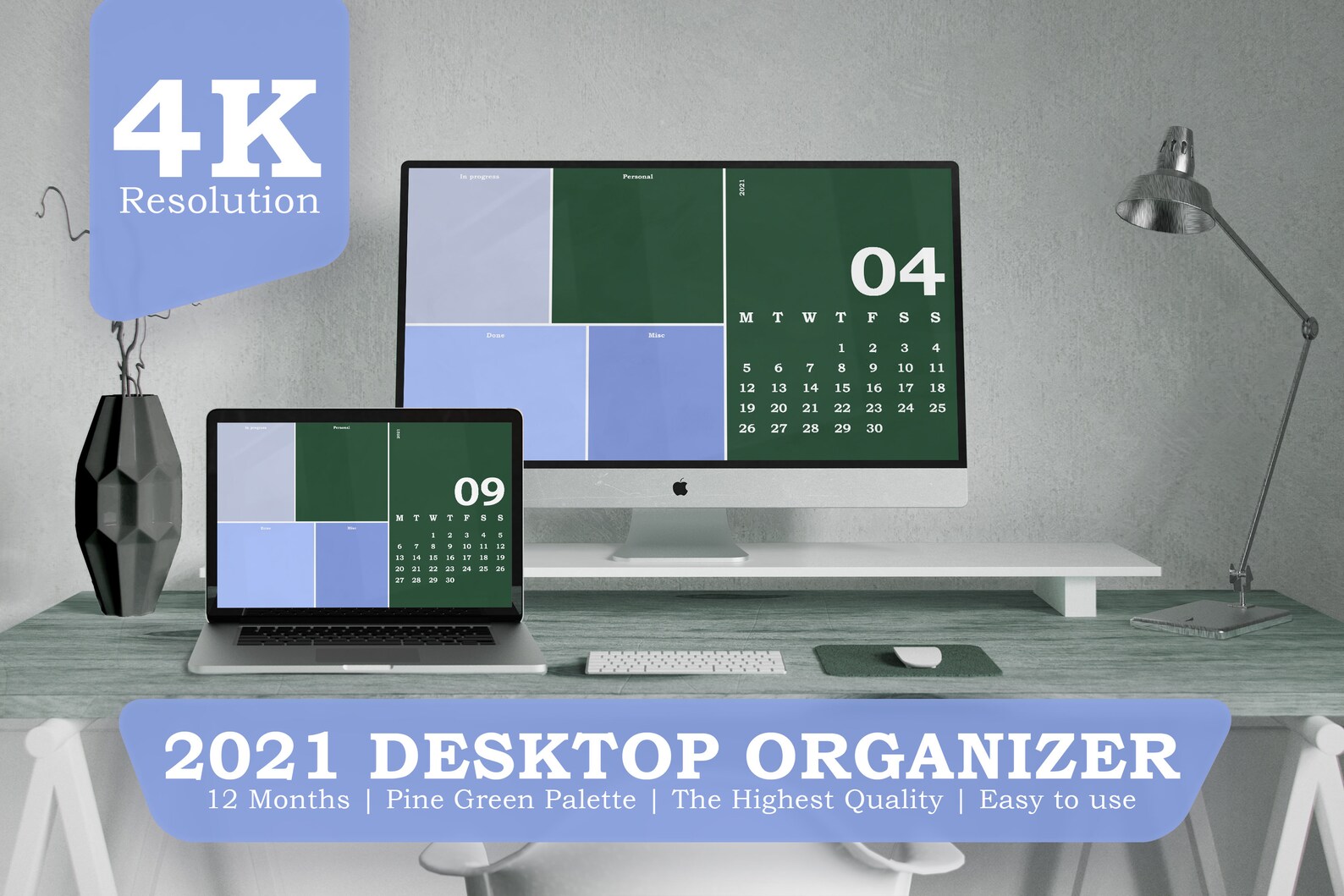 4K Desktop Wallpaper Organizer Pine Green Palette | Etsy