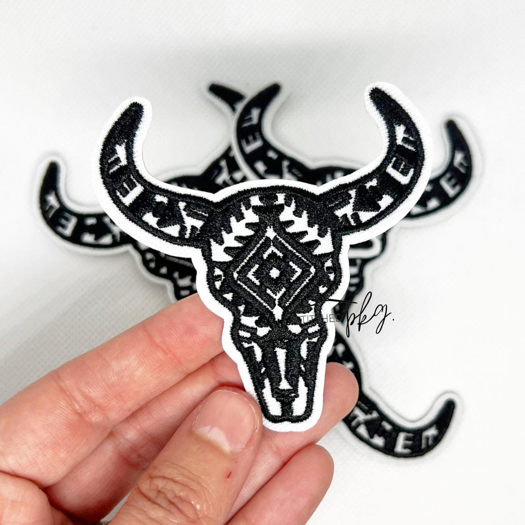 Cow Skull Aztec Embroidered Patch - Iron on - Medium - Black White ...