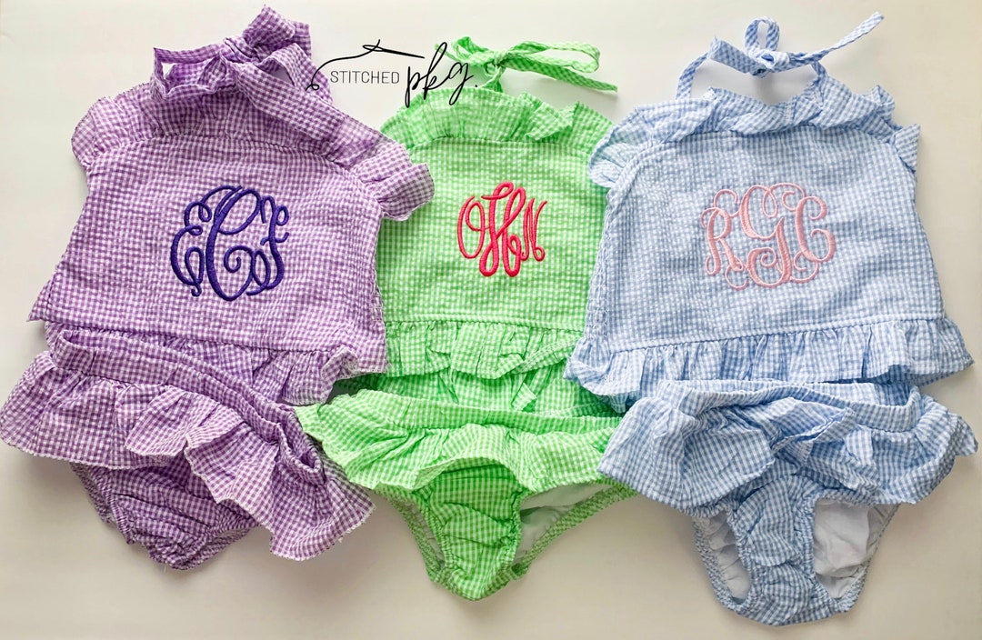 Gingham Ruffle Bikini - Toddler Kids Swimsuit - Embroidered Monogram ...