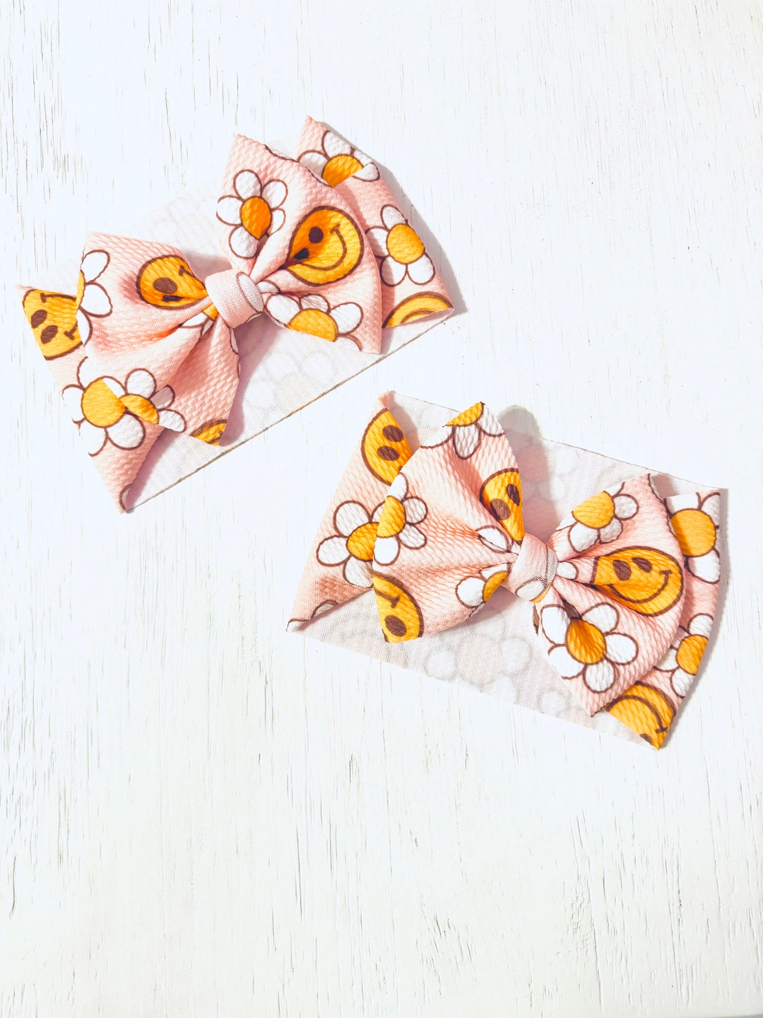 Flower Smiley Face Bow: Nylon Headband, Headwrap, Piggies or Clip Bow ...