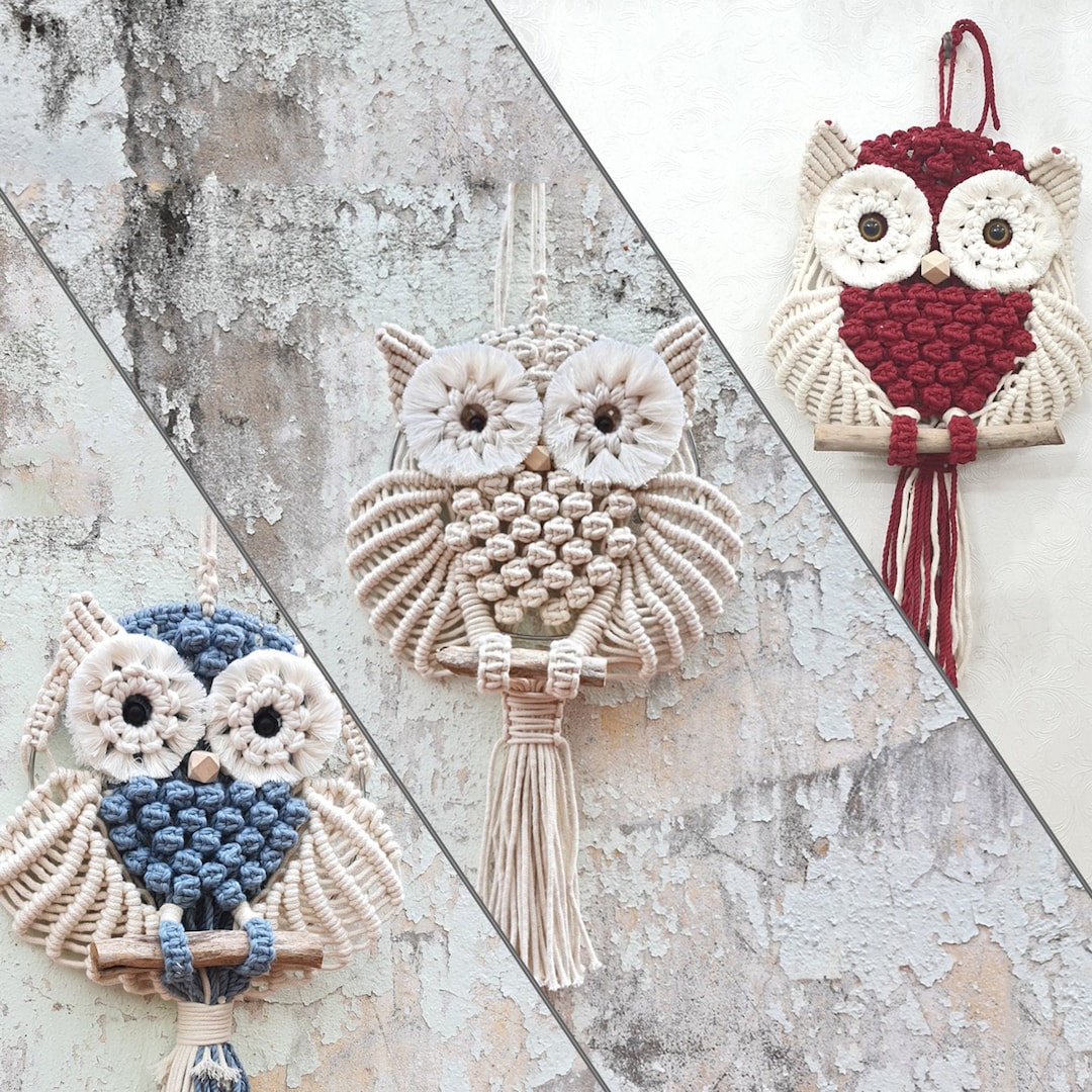 Boho Macrame Owl Wall Hanging | Neutral Hand Woven Cotton Fiber Art - Etsy