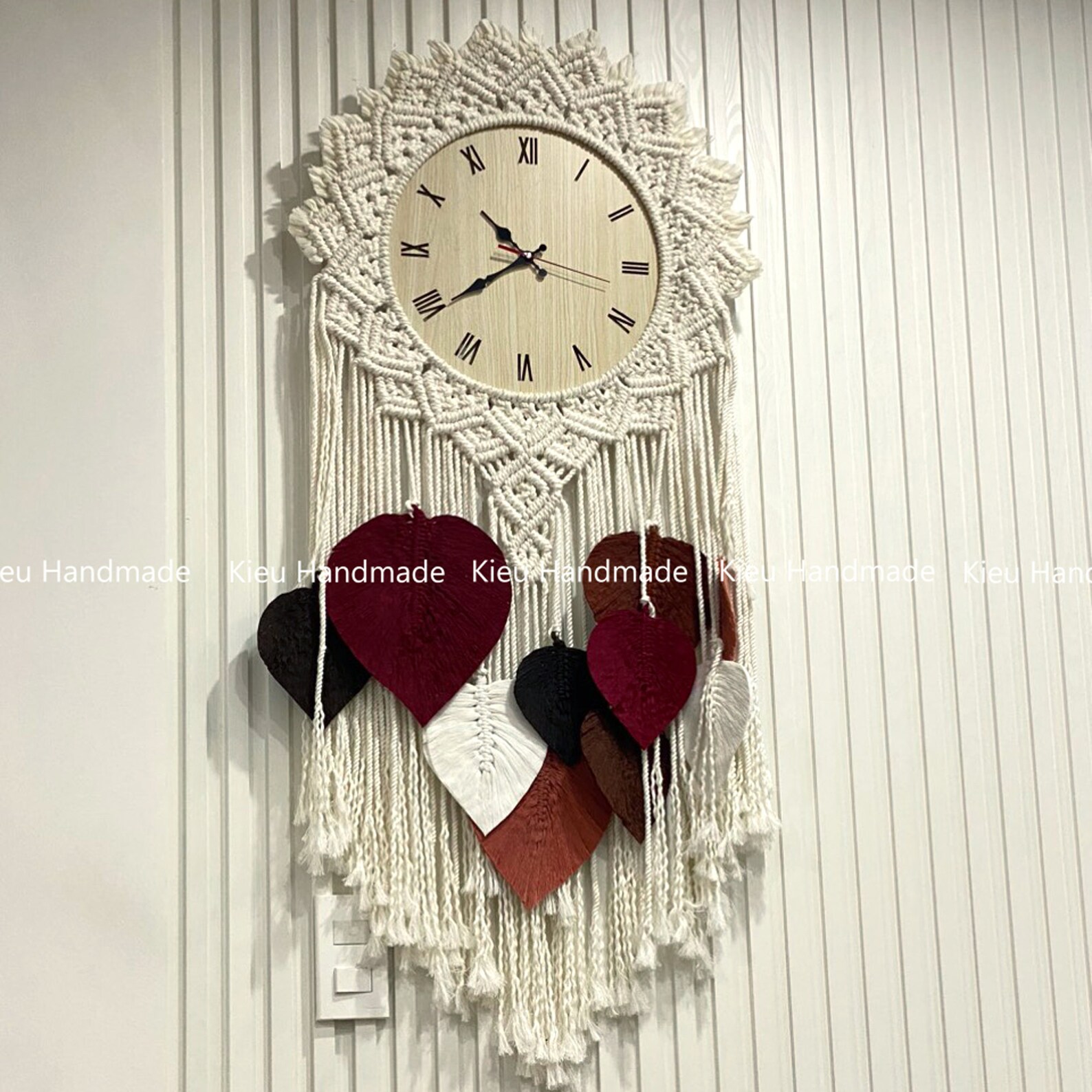 Macrame Wood Wall Clock With Leaves Color Custom Wall Clock - Etsy
