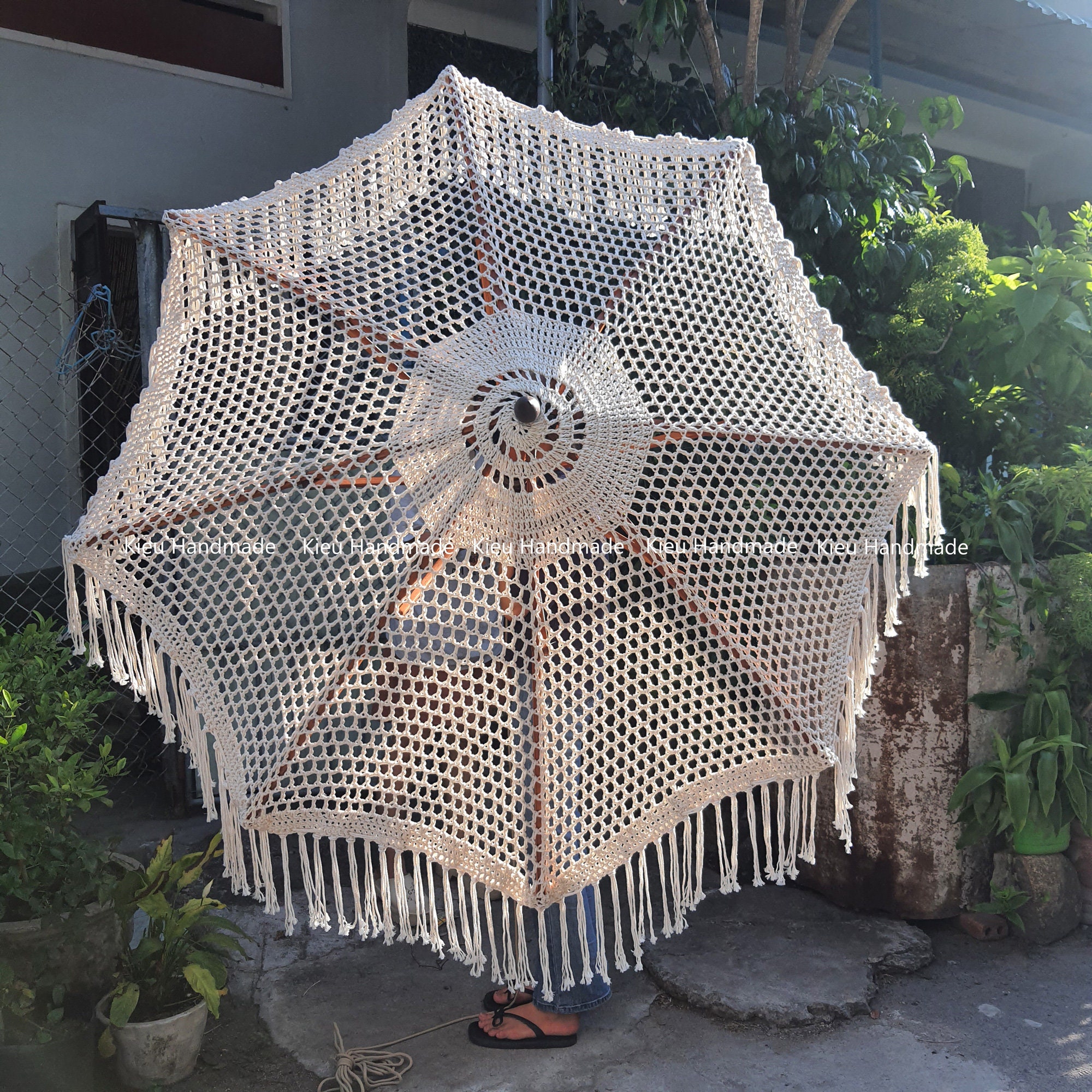 6 Feet - 72 Inches Macrame Umbrella With Wood FRAME, Beach Parasol ...