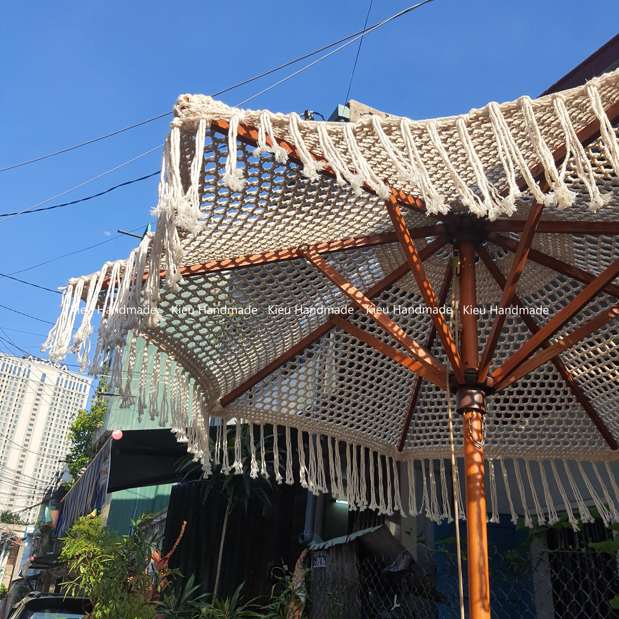 6 Feet - 72 Inches Macrame Umbrella With Wood FRAME, Beach Parasol ...