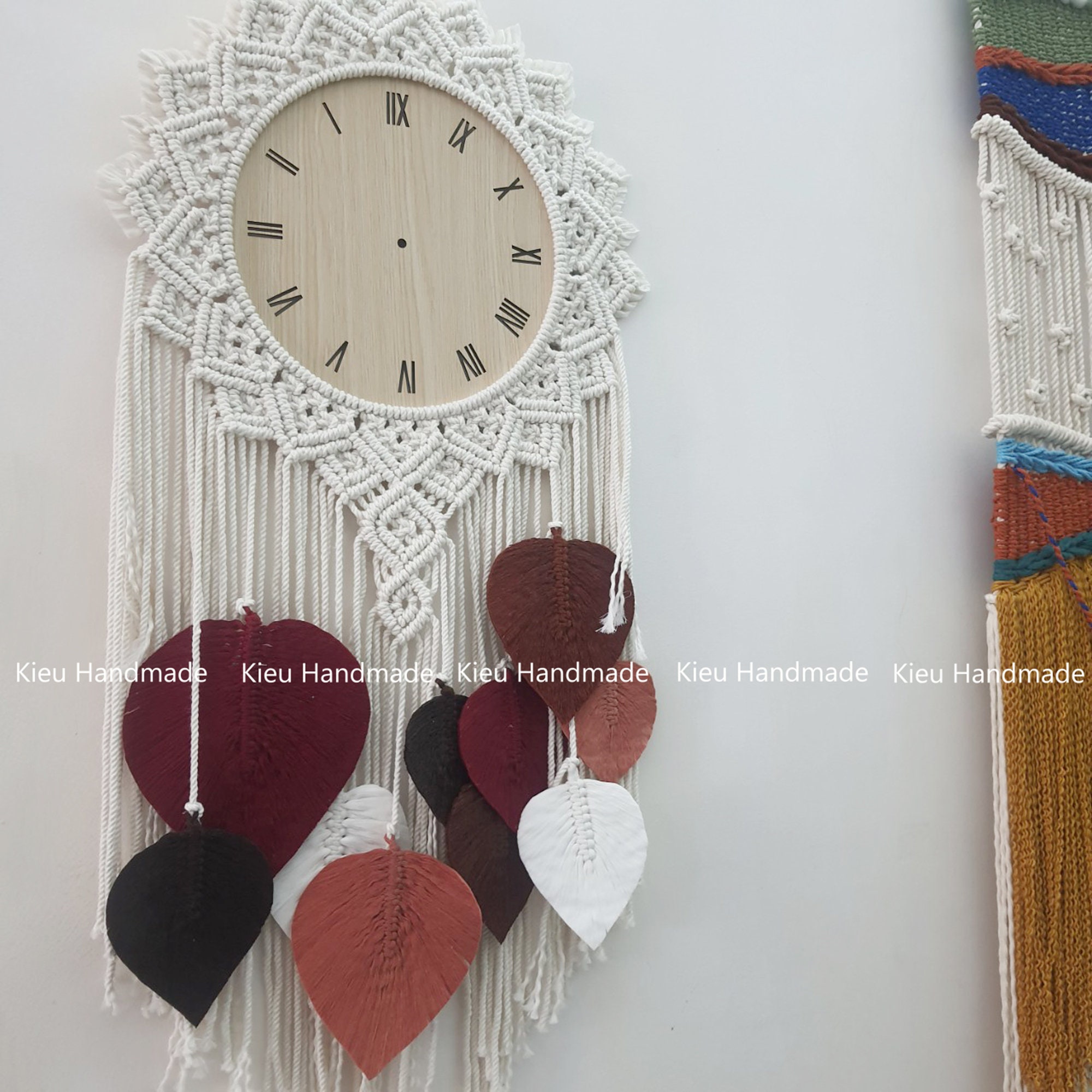 Macrame Wood Wall Clock With Leaves Color Custom Wall Clock - Etsy