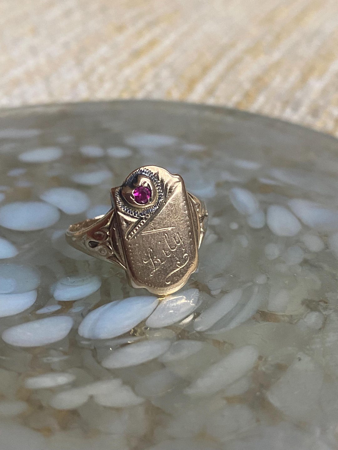 Antique 9ct Gold Ruby Signet Ring. Engraved ‘lily’ Signet Ring With ...