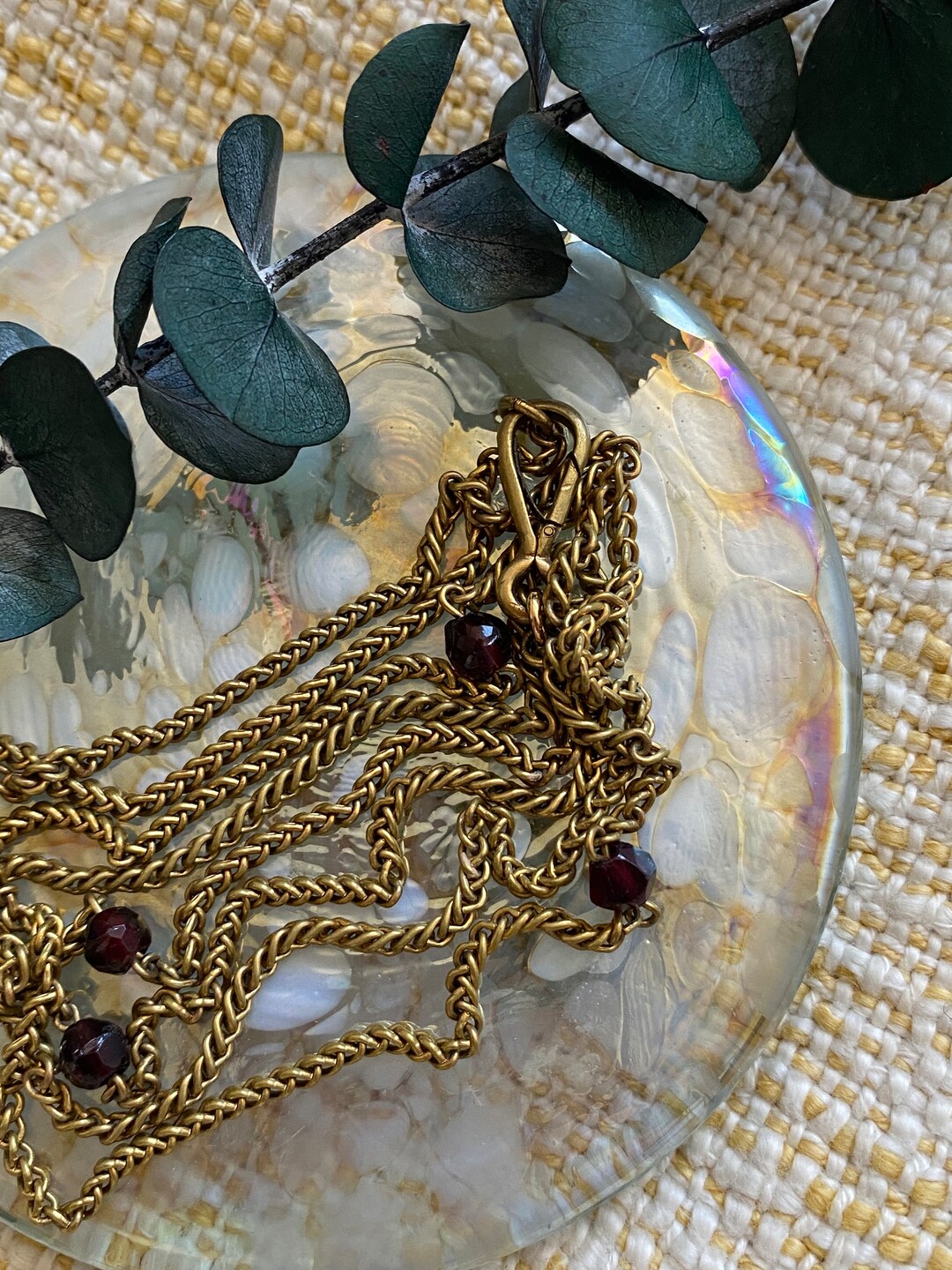 Antique Long Guard. Gold and Paste Beads Muff Chain. Glass Garnet ...