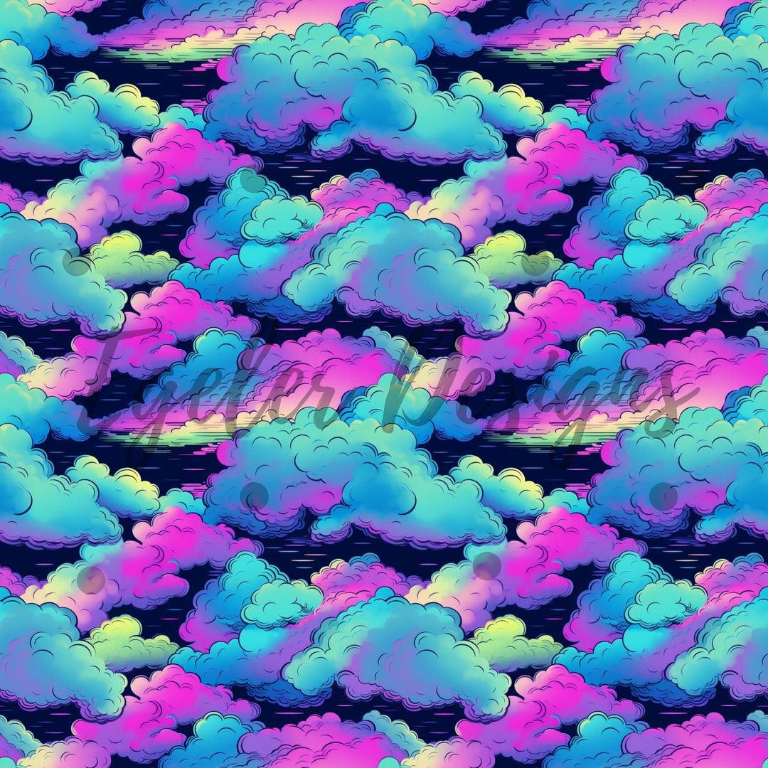 Girls Seamless File, Neon Rainbow Clouds Seamless Pattern, Girls ...
