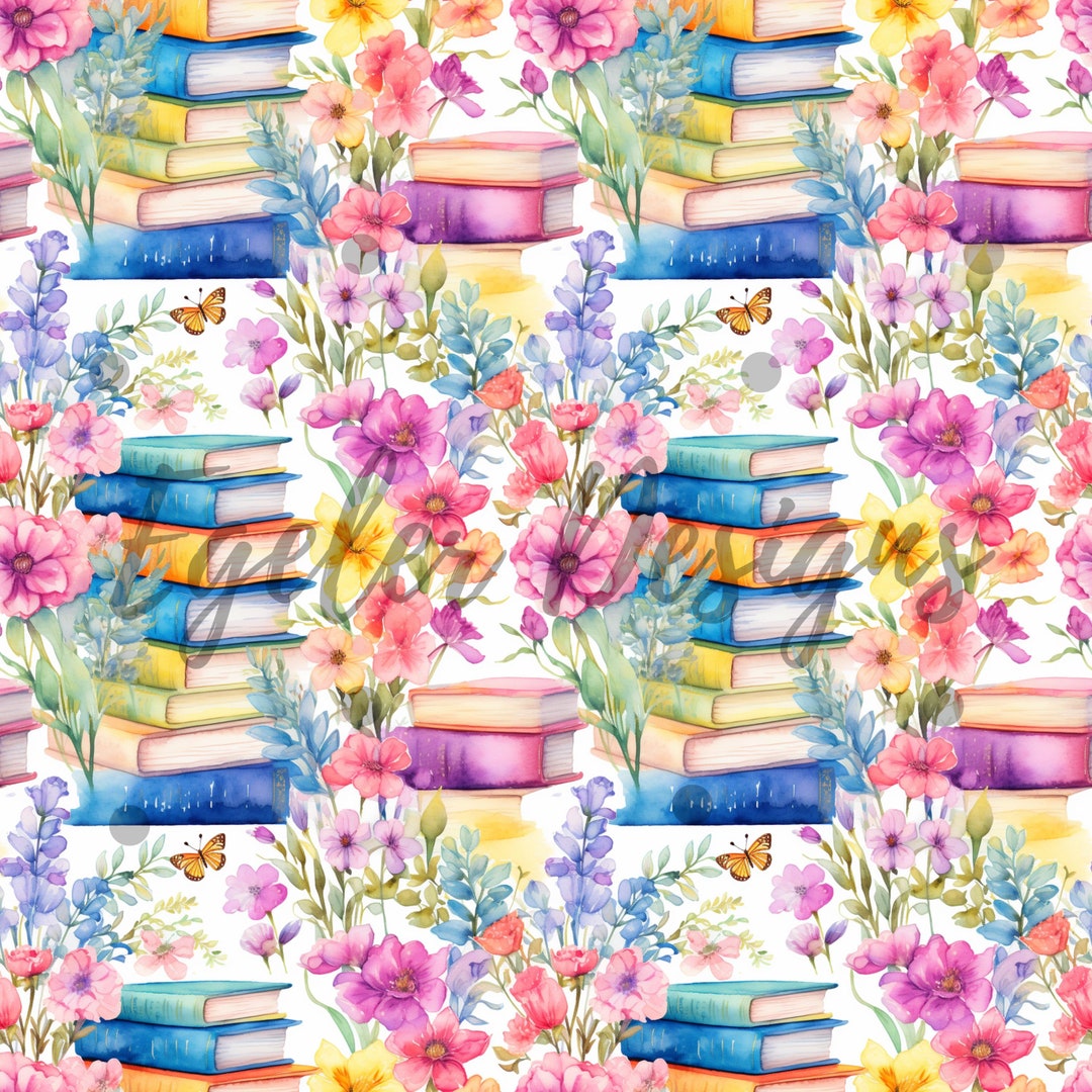 Rainbow Floral Book Seamless Pattern, Watercolor Book Pattern, Fabric ...