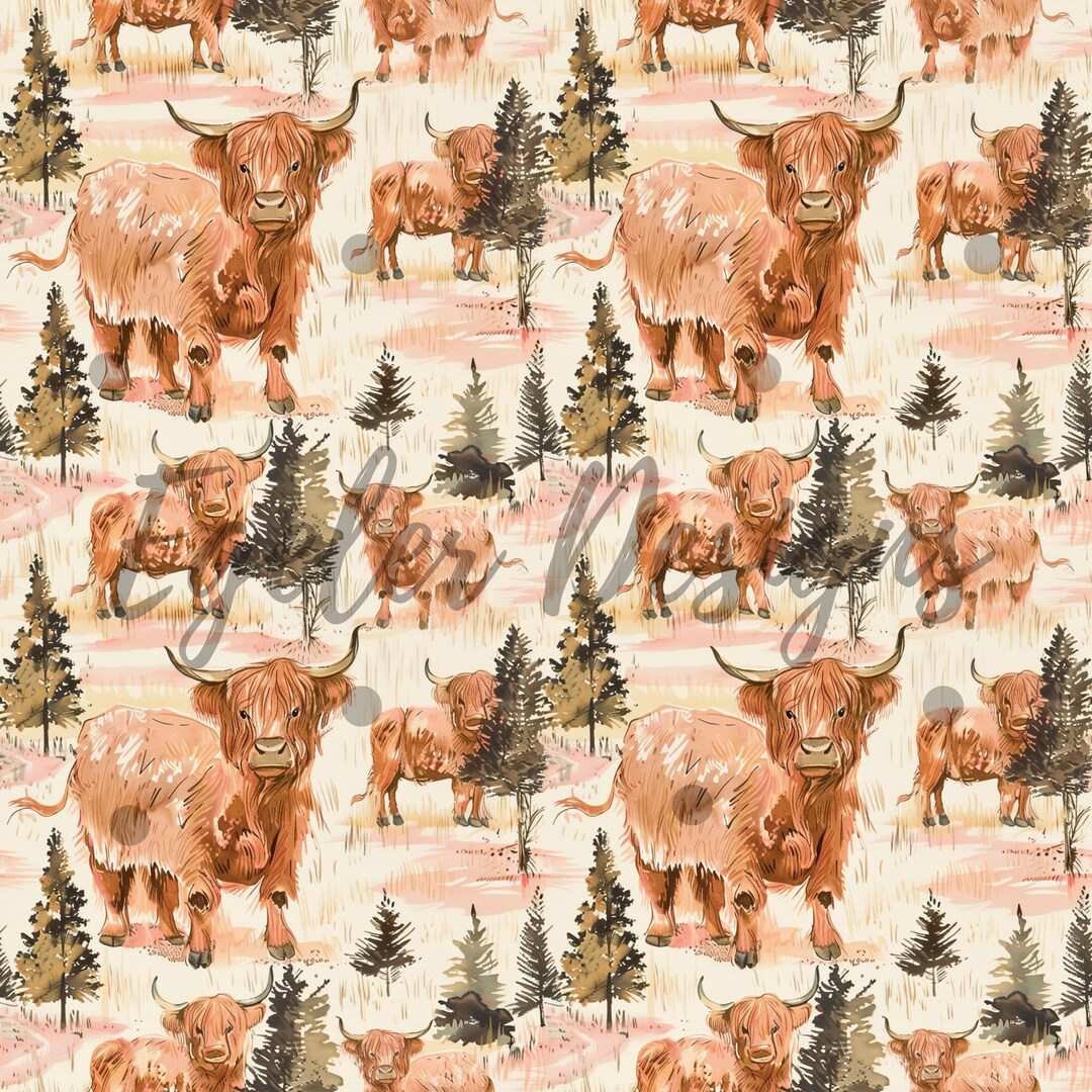Cute Highland Cow Seamless Pattern File, Cow Seamless, Long Hair Cow ...