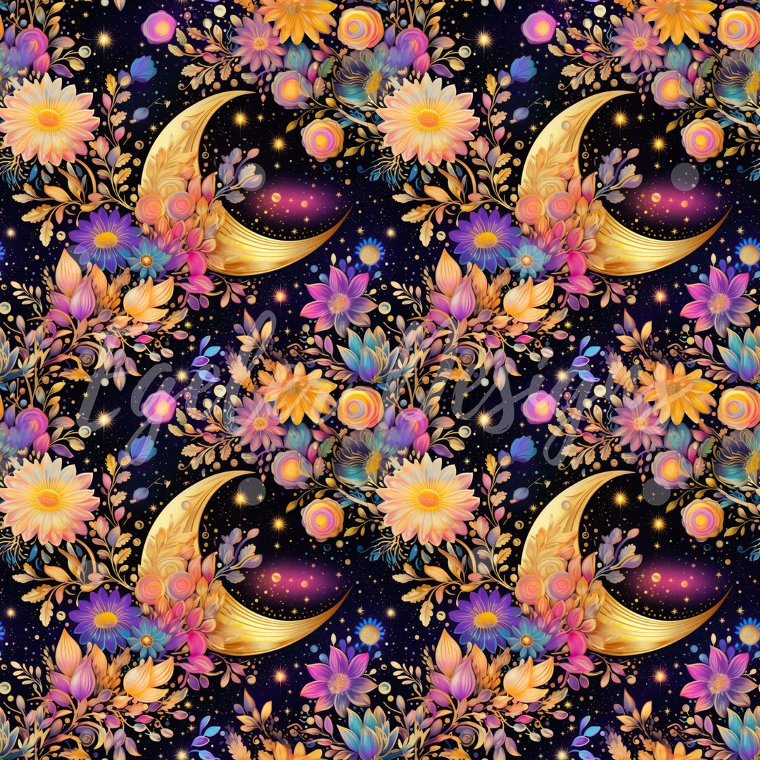 Seamless Moon Pattern, Seamless Floral Moon Pattern, Galaxy, Seamless ...