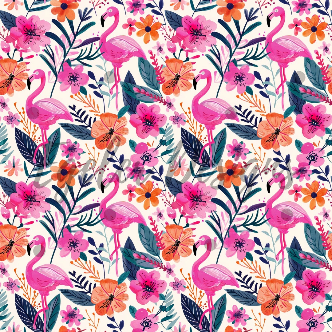 Flamingo Digital Paper, Seamless Preppy Colorful Floral Patterns for ...