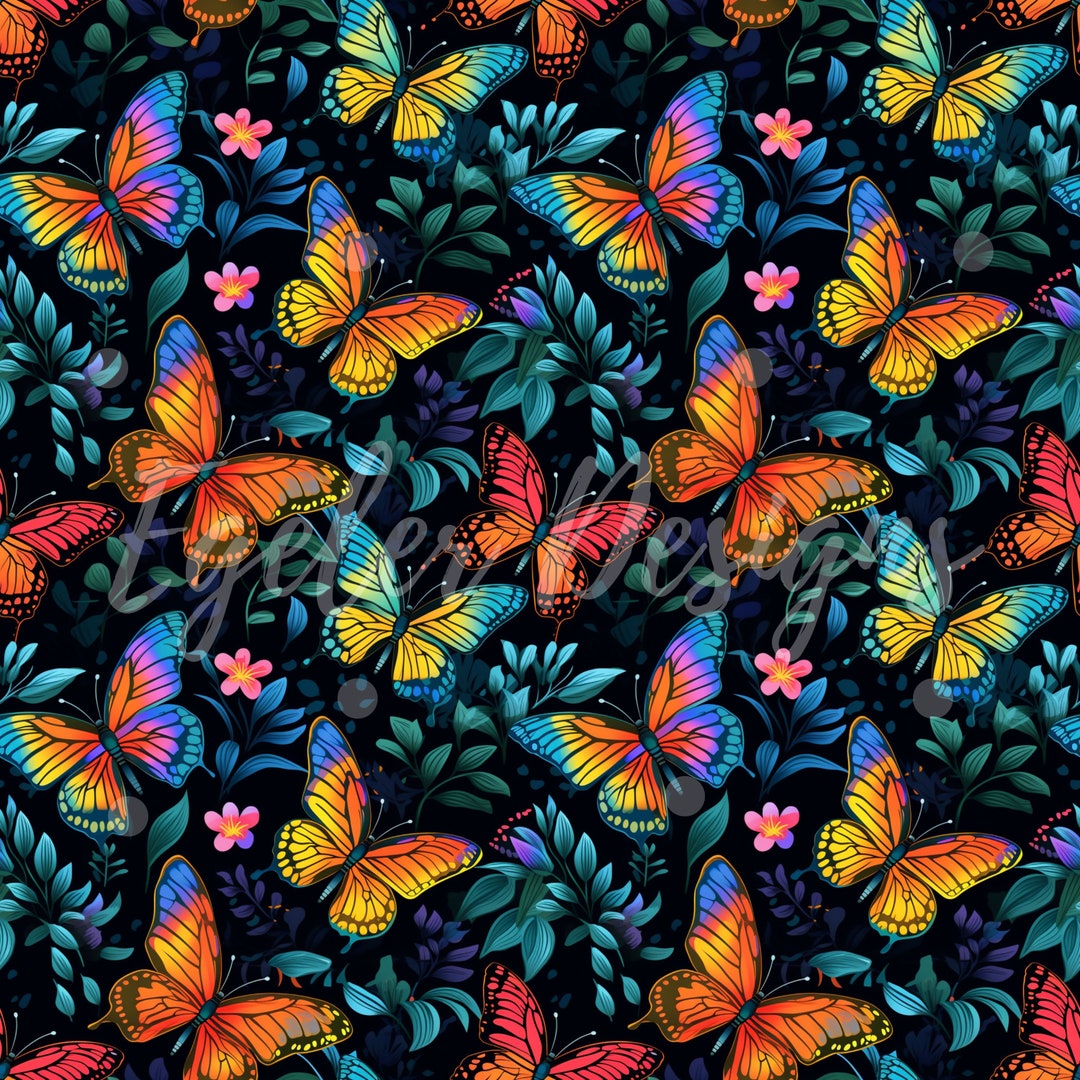 Butterflies Spring Seamless Pattern, Neon Butterfly Seamless Repeating ...