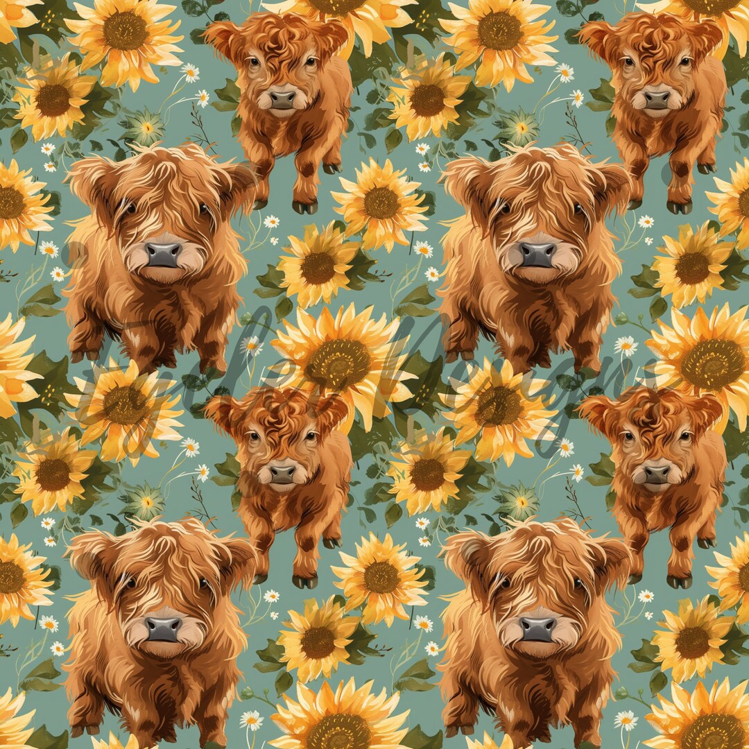 Cute Highland Cow Seamless Pattern File, Sunflower Cow Seamless, Long ...