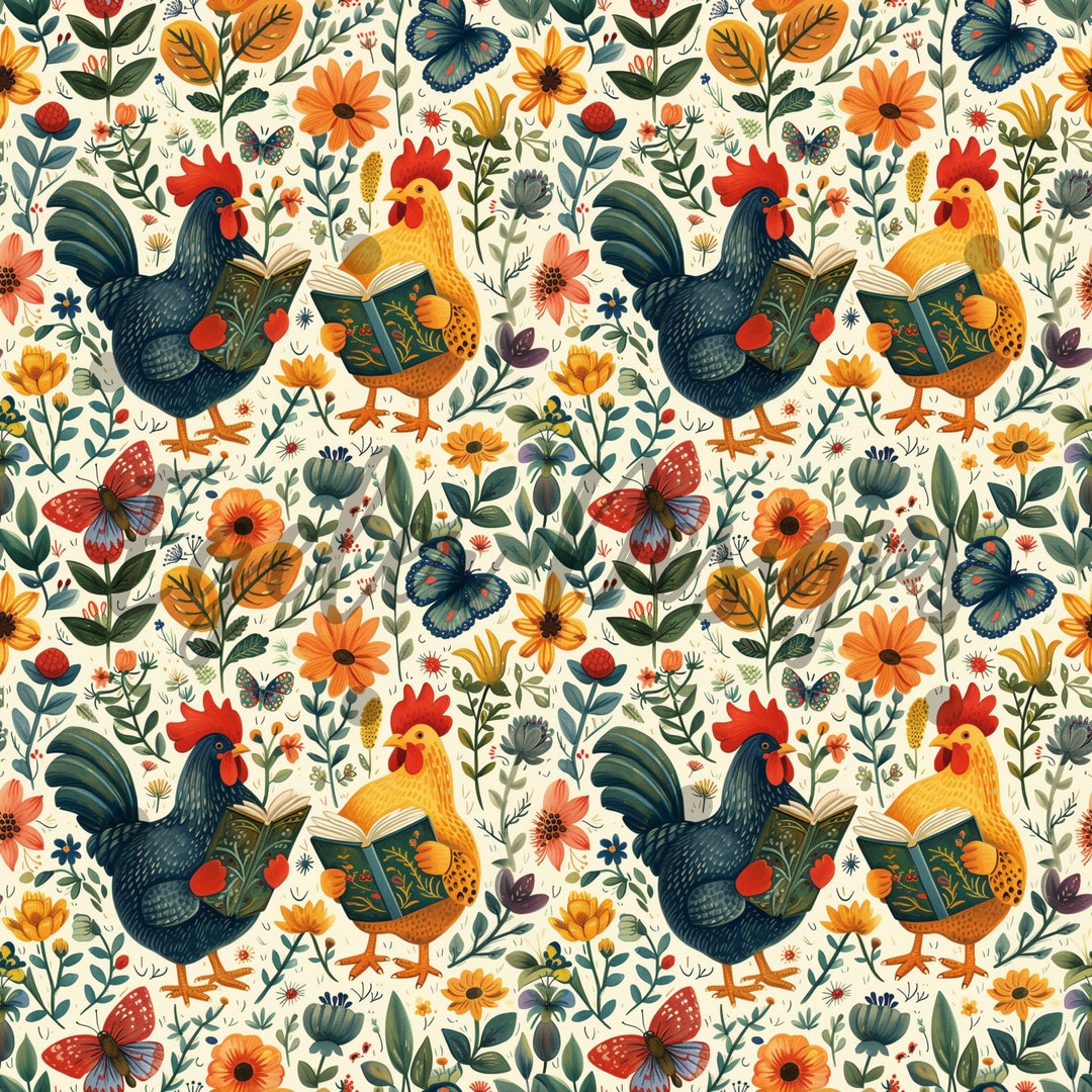 Floral Reading Chickens Seamless | Chicken Seamless | Chicken Floral ...