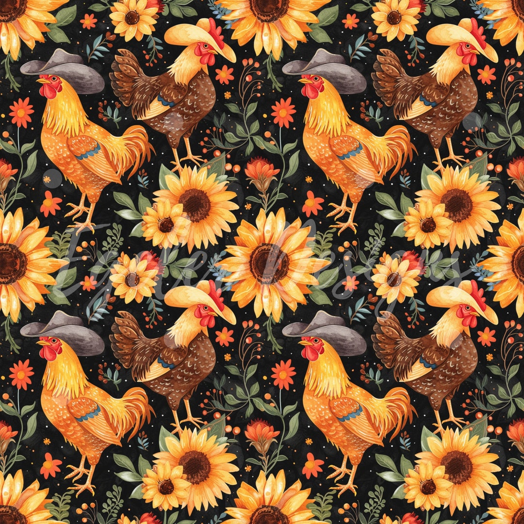 Country Chickens Seamless | Chicken Seamless | Chicken Floral Seamless ...
