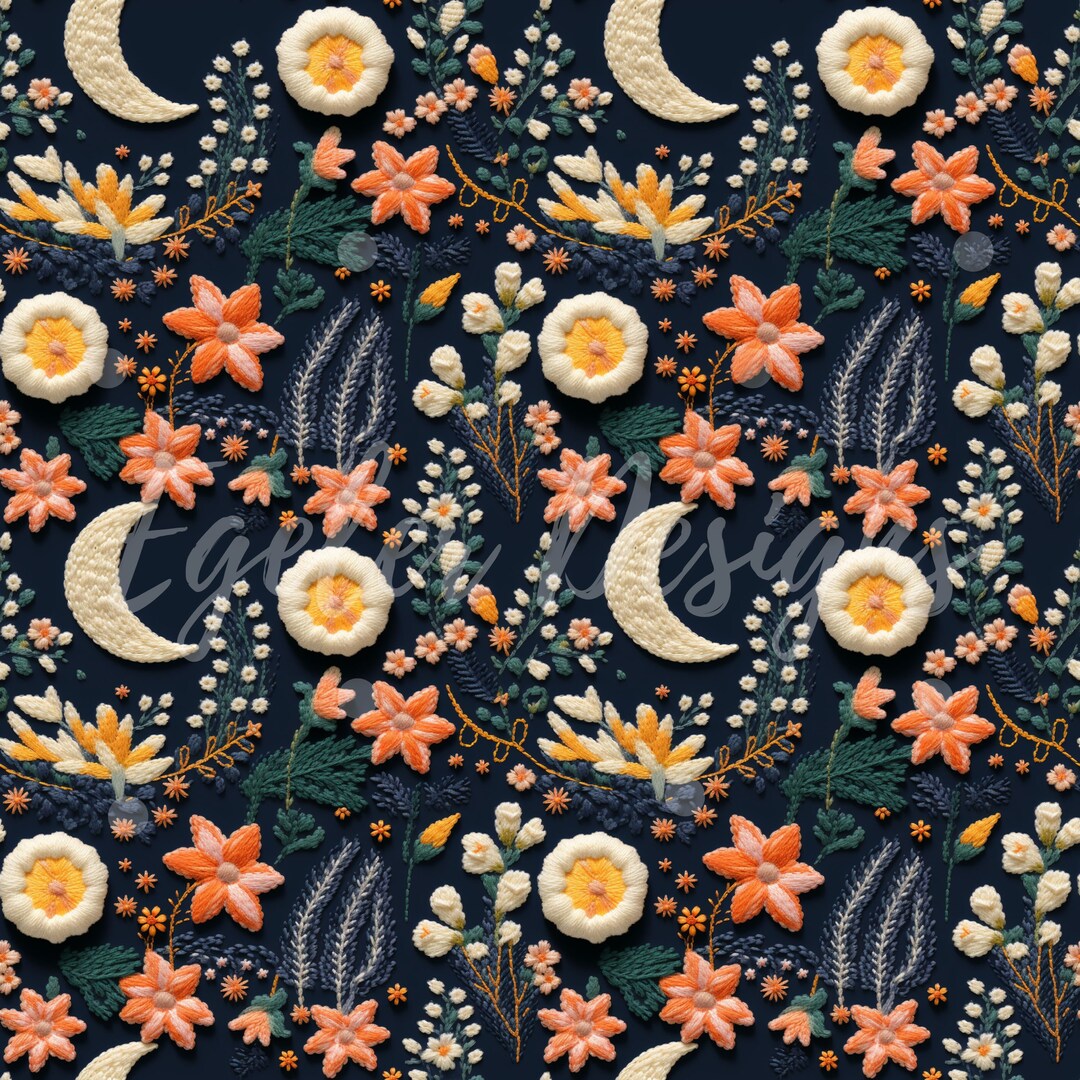 Embroidery Seamless File, Moody Floral Crescent Moon Embroidery ...