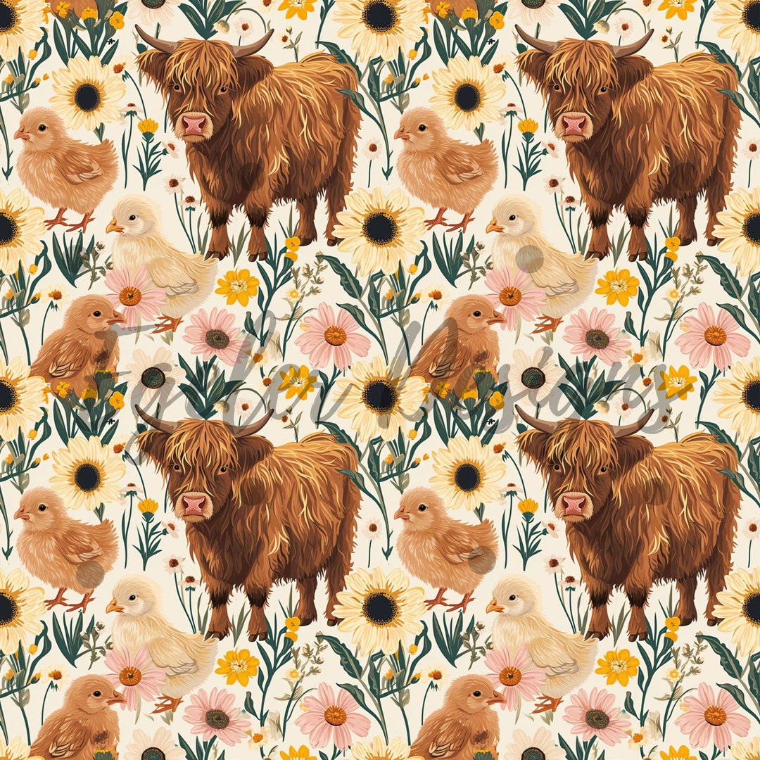 Cute Highland Cow Seamless Pattern File, Cow Seamless, Long Hair Cow ...