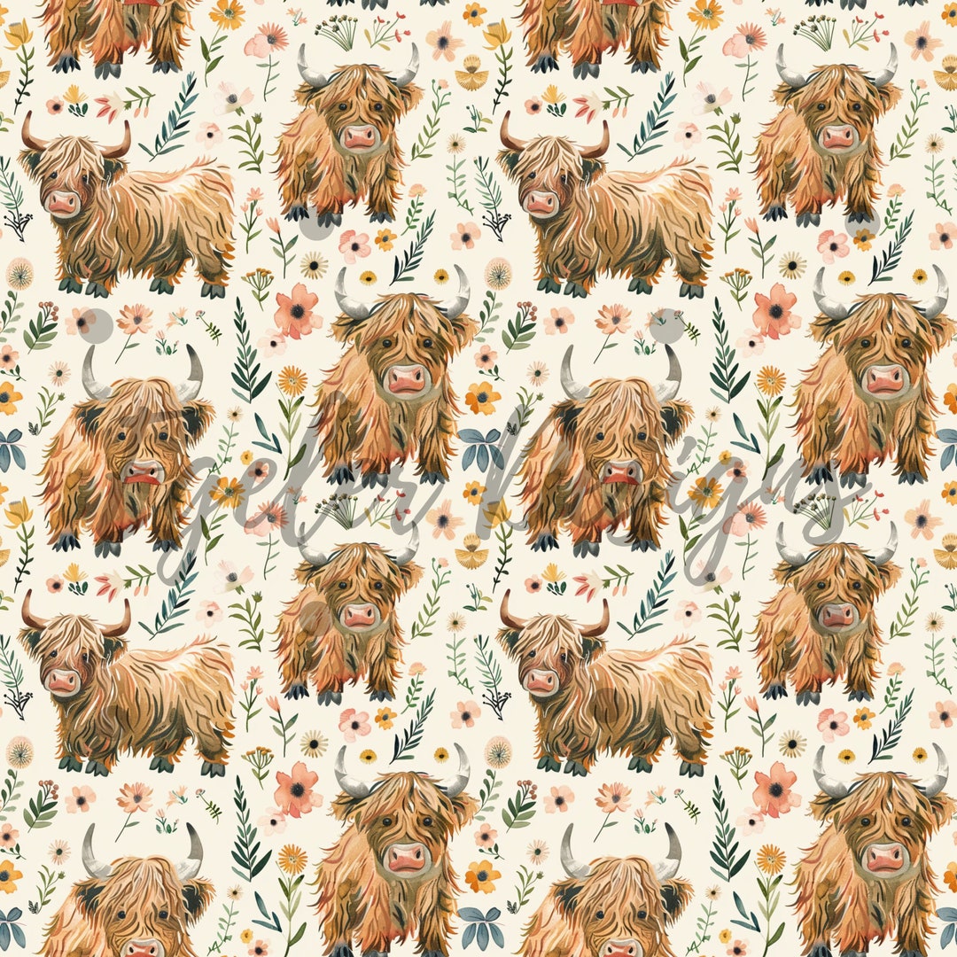 Cute Highland Cow Seamless Pattern File, Cow Seamless, Long Hair Cow ...