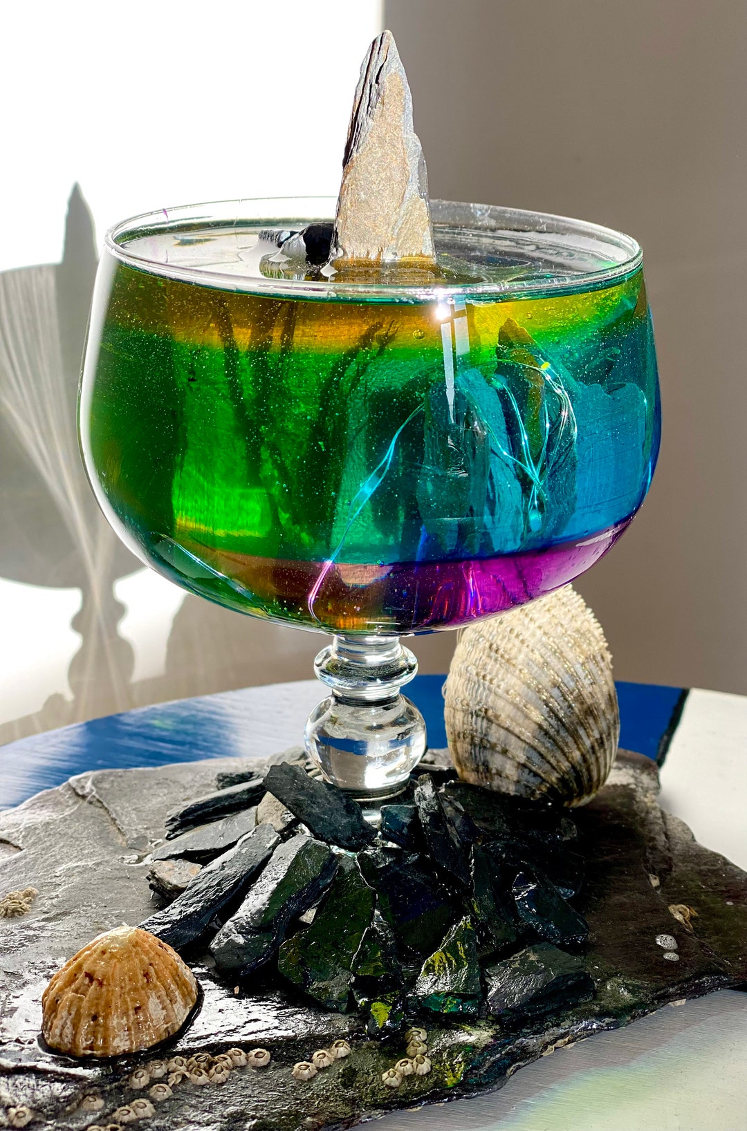 Welsh Sea Slate Mount Everest LED Battery Table Lamp Handmade Glass and ...