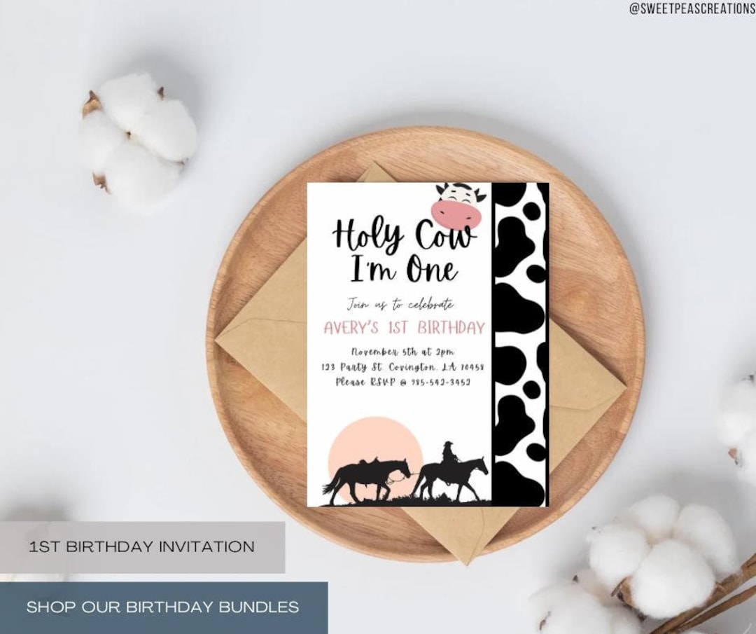Holy Cow I’m One Birthday Invitation Template, 1st Year Old Birthday ...